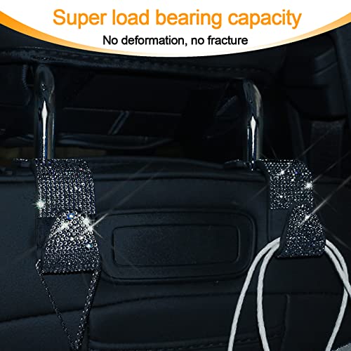 QODOLSI 2 PCS Bling Car Back Seat Headrest Hook, Crystal Back Seat Hanger Storage Organizer, Car Purse Bag Holder, Bling Rhinestone Car Interior Accessories for Women and Men (Black)