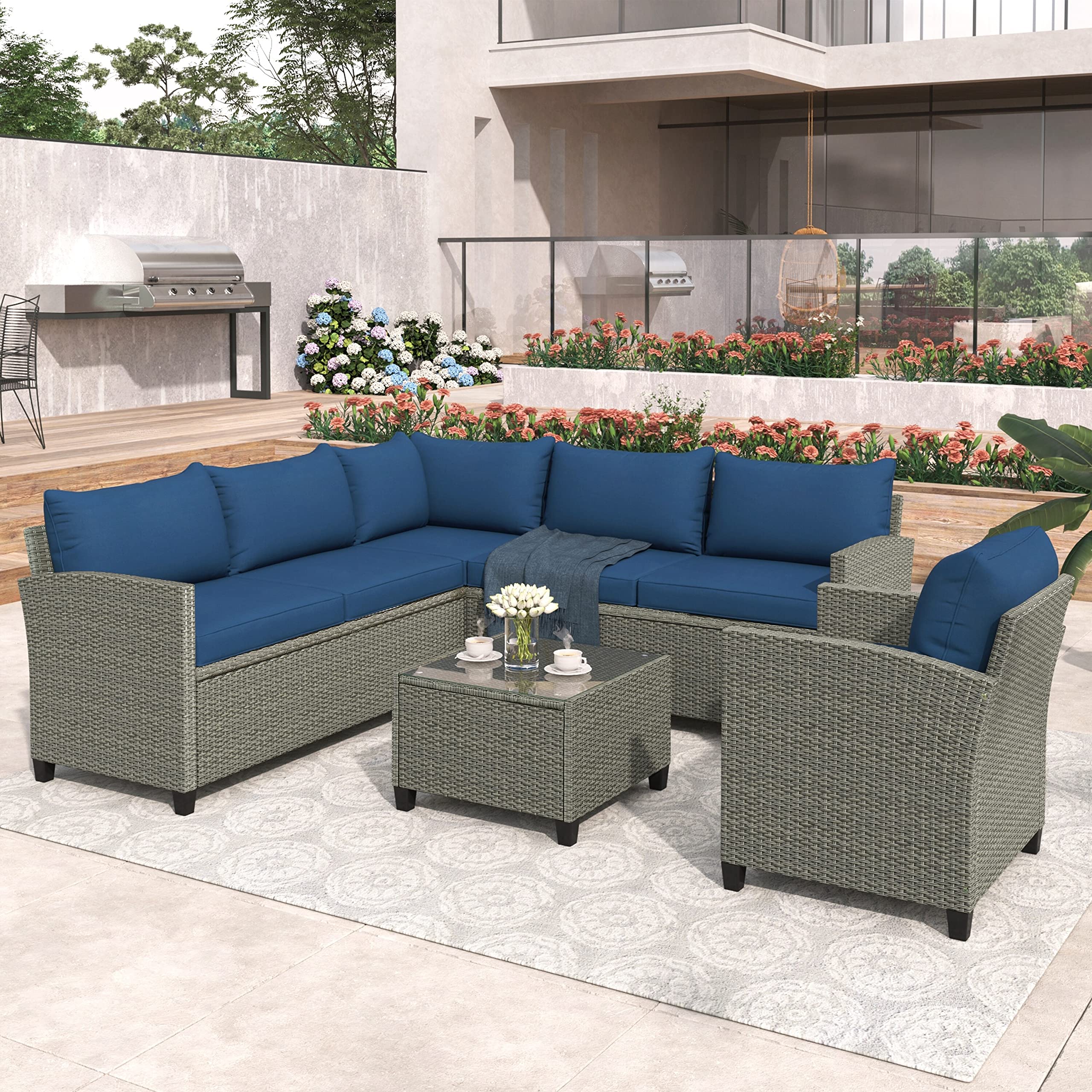 5 Piece Patio Furniture Outdoor Conversation Set Resin Wicker Cushioned Sectional Sofa with Coffee Table and Single Chair Blue Modern Contemporary Rattan Removable Cushions