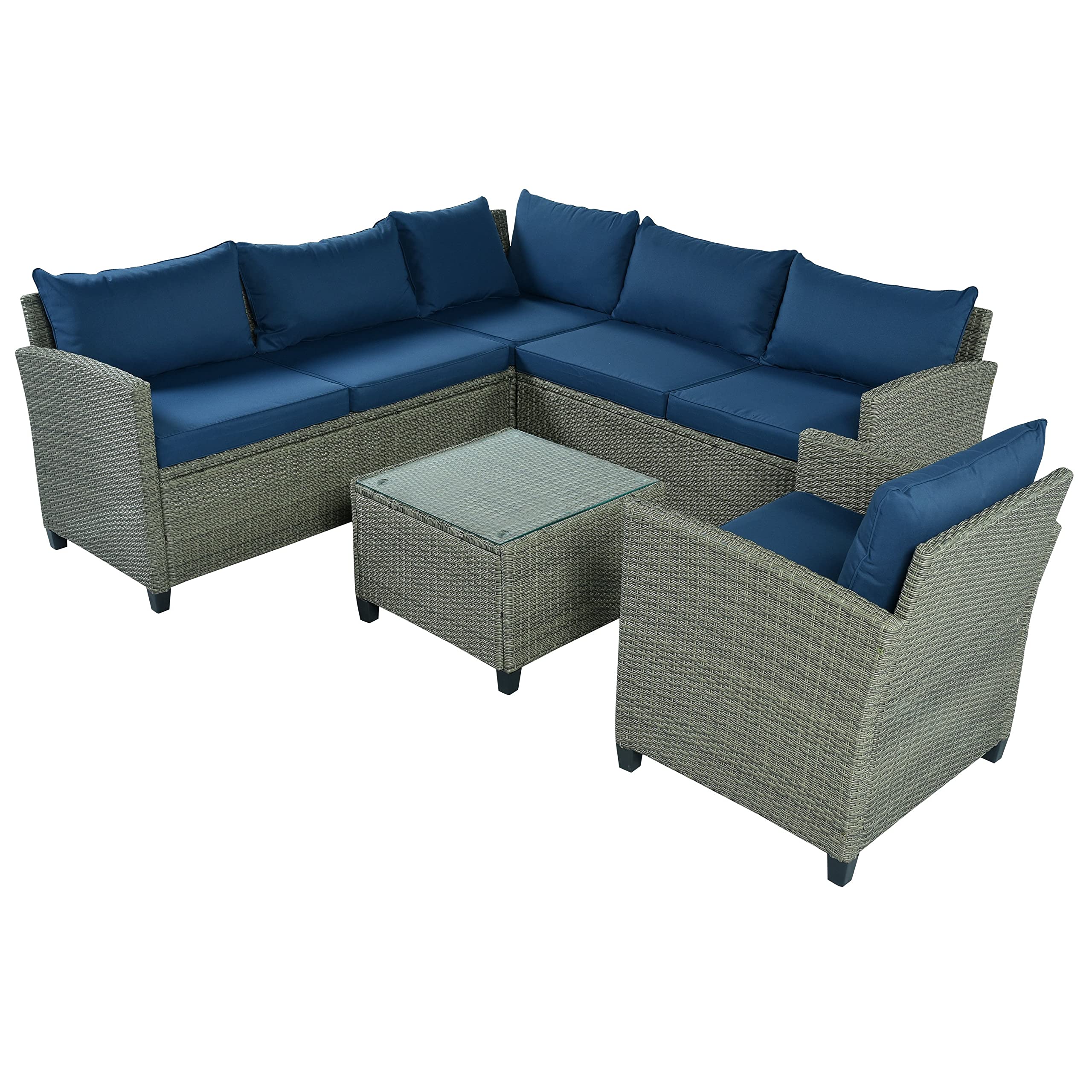 5 Piece Patio Furniture Outdoor Conversation Set Resin Wicker Cushioned Sectional Sofa with Coffee Table and Single Chair Blue Modern Contemporary Rattan Removable Cushions
