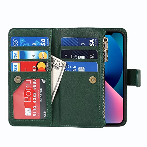 Jaorty for iPhone 13 Mini Phone Wallet Case with Card Holder, Crossbody Strap, Zipper Pocket, PU Leather, Dark Green