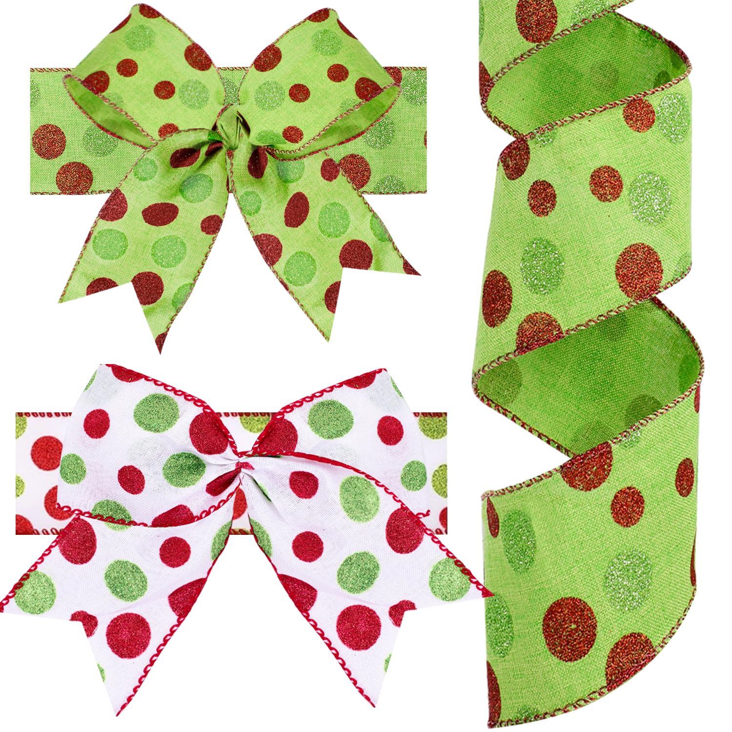 4 Rolls Christmas Ribbons Polka Dot Ribbon Wired Glitter Christmas Wired Ribbons Burlap Decorative Grinch Ribbons for DIY Craft Wreath Bows (Green, Red, 2.5 Inch x 6 Yard Per Roll)