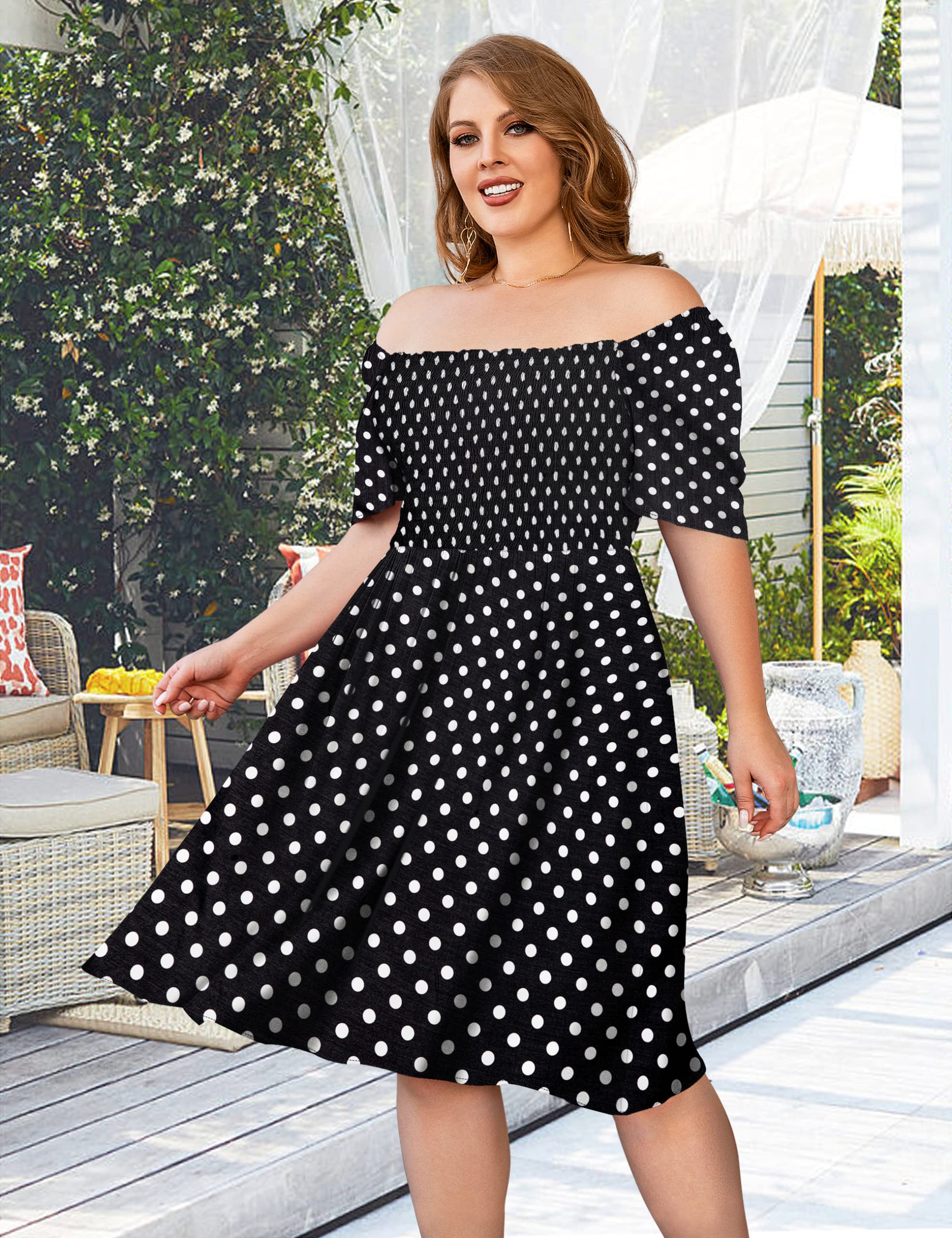LETDIOSTO Womens Plus Size Dresses Black Polka Dot Knee Length Smocked 4XL Summer Cocktail Wedding Dress