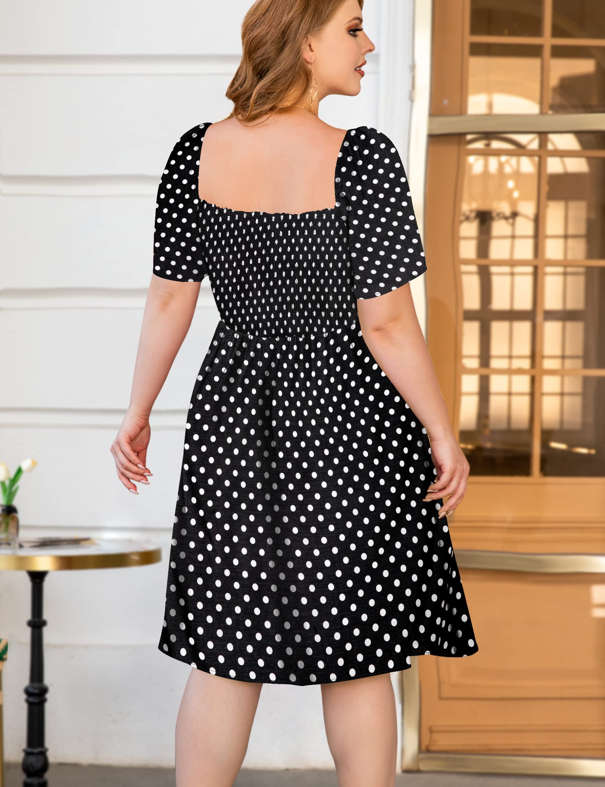 LETDIOSTO Womens Plus Size Dresses Black Polka Dot Knee Length Smocked 4XL Summer Cocktail Wedding Dress