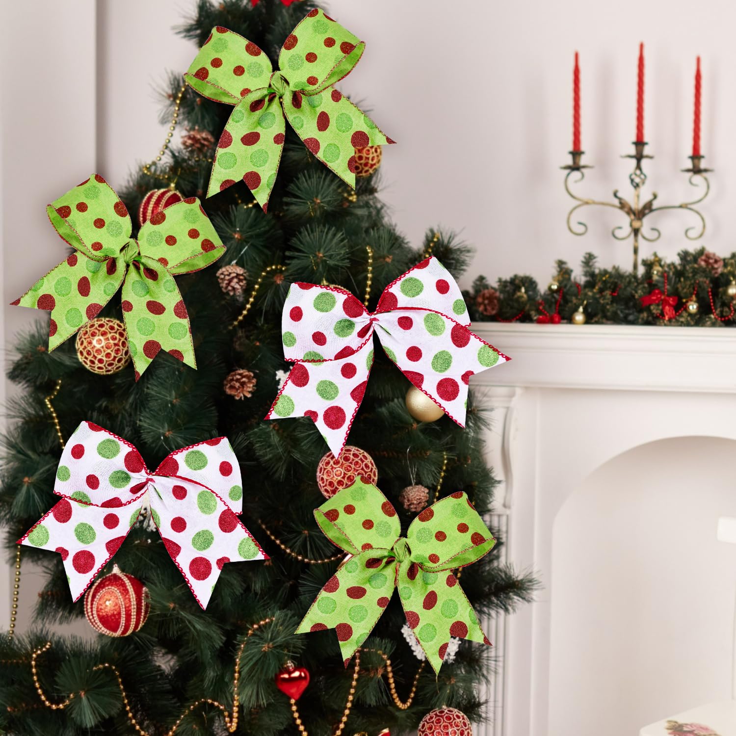 4 Rolls Christmas Ribbons Polka Dot Ribbon Wired Glitter Christmas Wired Ribbons Burlap Decorative Grinch Ribbons for DIY Craft Wreath Bows (Green, Red, 2.5 Inch x 6 Yard Per Roll)