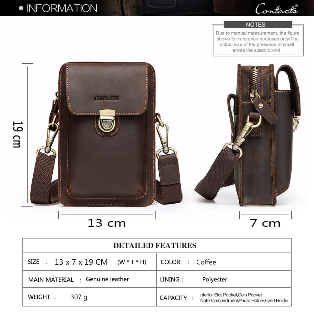 Hiram Men's Leather Phone Bag for iPhone SE, Leather Waist Bag for Men, Men's Crossbody Bag for Cellphone, Small Leather Shoulder Bag for Men-Coffee