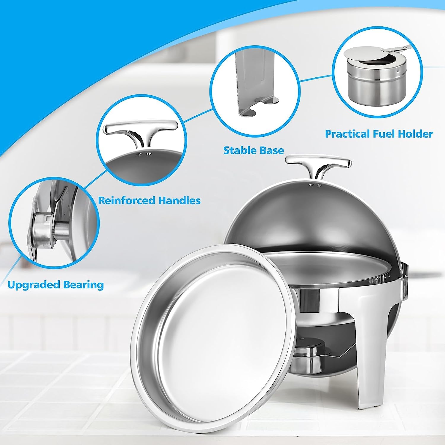 Round Roll Top Chafing Dish Buffet Set, 6.8 QT Round Chafers for Catering, Round Stainless Steel Chafers and Buffet Warmers Sets for Parties Wedding Catering Event,Silver