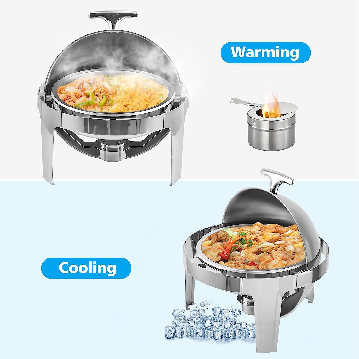 Round Roll Top Chafing Dish Buffet Set, 6.8 QT Round Chafers for Catering, Round Stainless Steel Chafers and Buffet Warmers Sets for Parties Wedding Catering Event,Silver