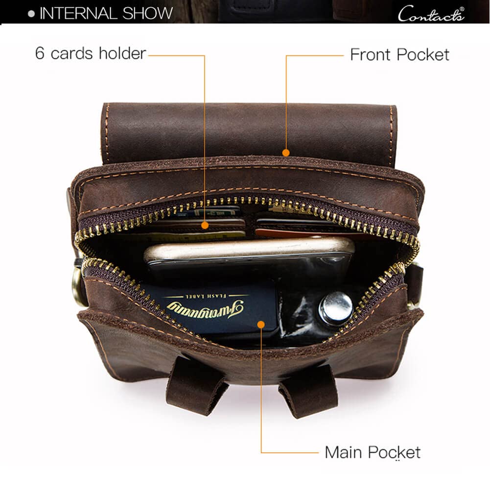 Hiram Men's Leather Phone Bag for iPhone SE, Leather Waist Bag for Men, Men's Crossbody Bag for Cellphone, Small Leather Shoulder Bag for Men-Coffee
