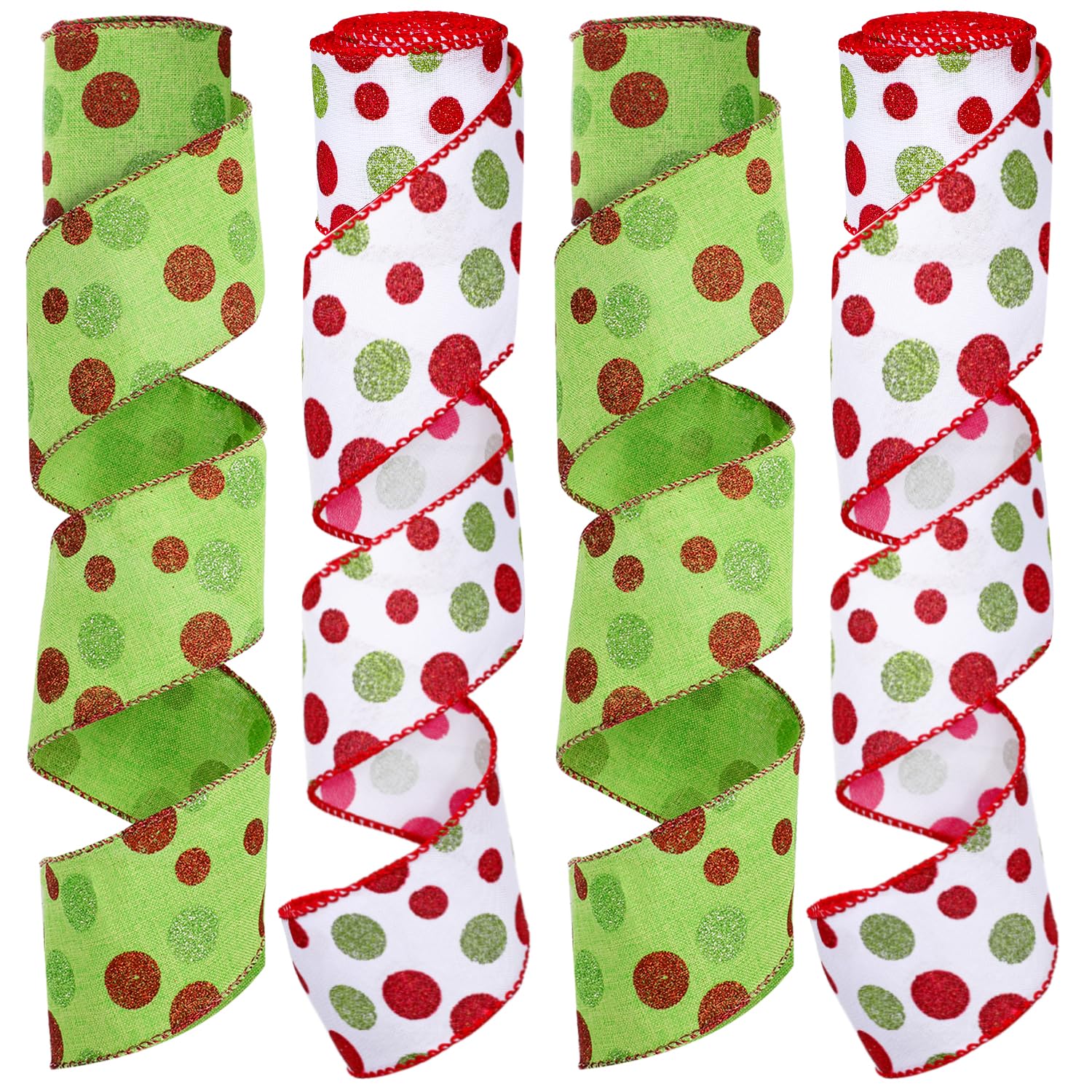4 Rolls Christmas Ribbons Polka Dot Ribbon Wired Glitter Christmas Wired Ribbons Burlap Decorative Grinch Ribbons for DIY Craft Wreath Bows (Green, Red, 2.5 Inch x 6 Yard Per Roll)