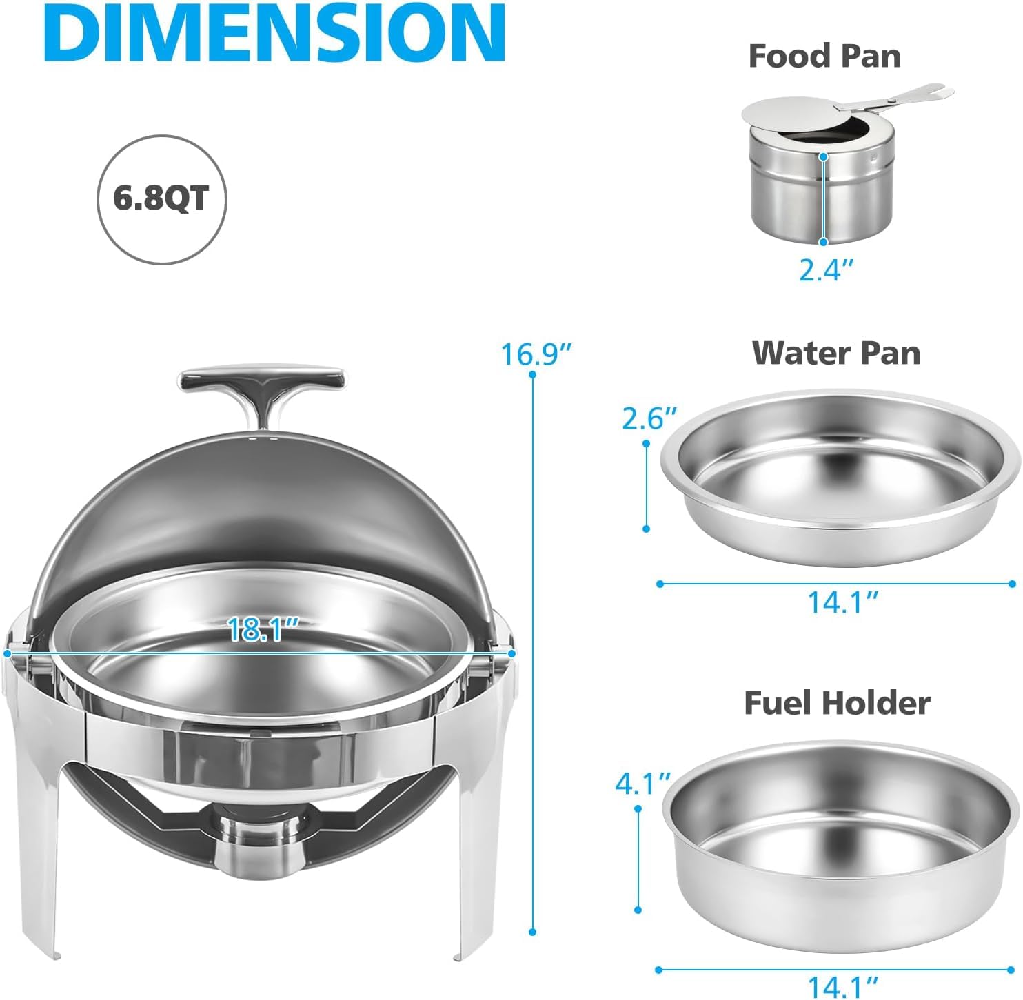 Round Roll Top Chafing Dish Buffet Set, 6.8 QT Round Chafers for Catering, Round Stainless Steel Chafers and Buffet Warmers Sets for Parties Wedding Catering Event,Silver