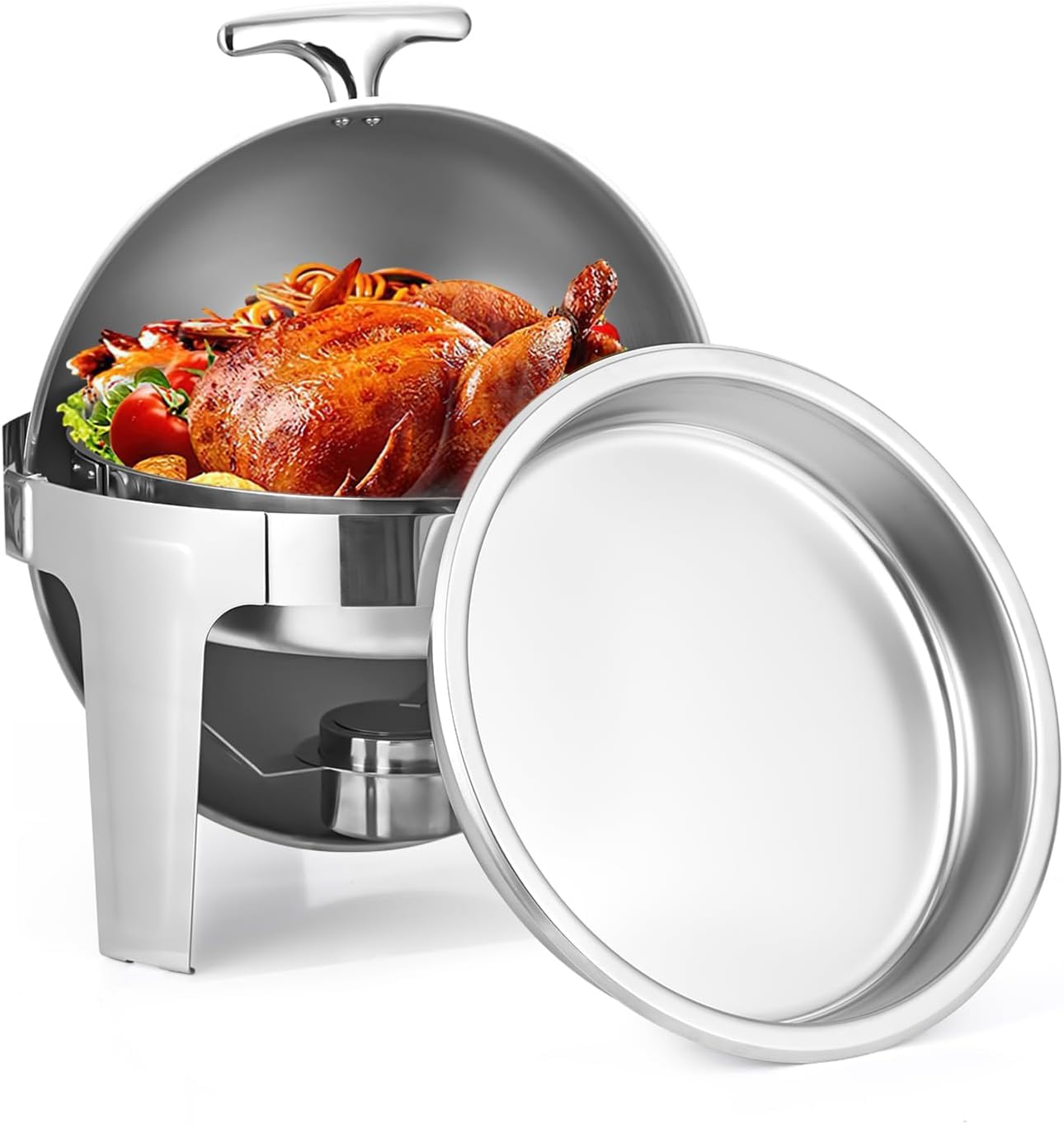 Round Roll Top Chafing Dish Buffet Set, 6.8 QT Round Chafers for Catering, Round Stainless Steel Chafers and Buffet Warmers Sets for Parties Wedding Catering Event,Silver