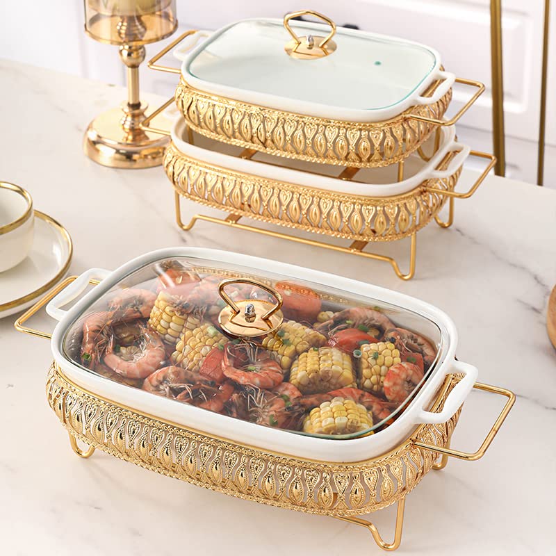 HONHPD 3 Pieces Set Gold Ceramics Chafing Dish Buffet Set, Full Size Chafers and Buffet Warmers W/Glass Lid, Underglaze Rectangle Food Warming Tray for Weddings Party(11inch, 13inch, 15inch)