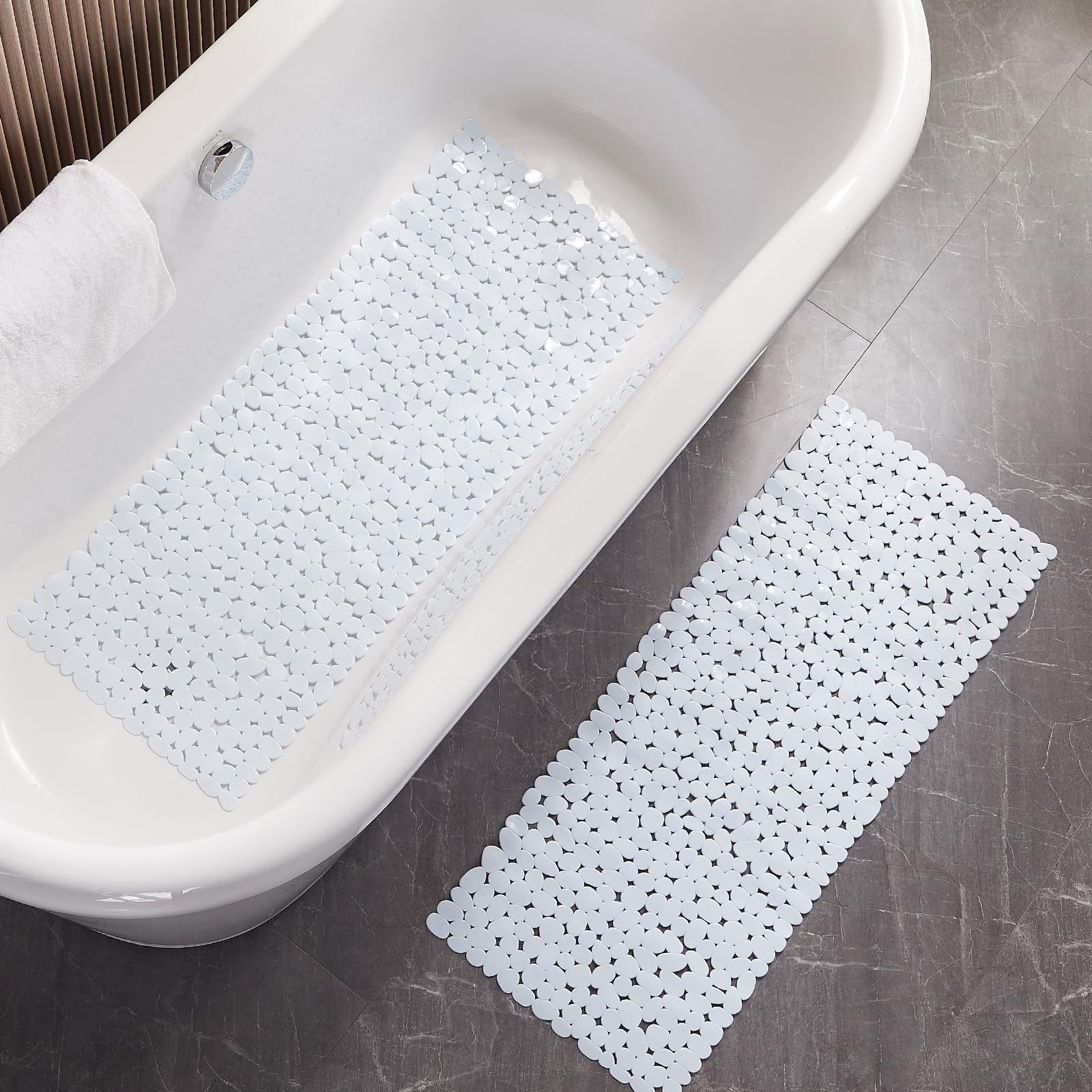 Webos Bath Shower Mat Non Slip: Extra Large Pebble Bathtub mat for Kids, Elderly, Anti Slip Shower Matt with Drain Holes Suction Cups Tub Mat - 16 X 40 Inch White