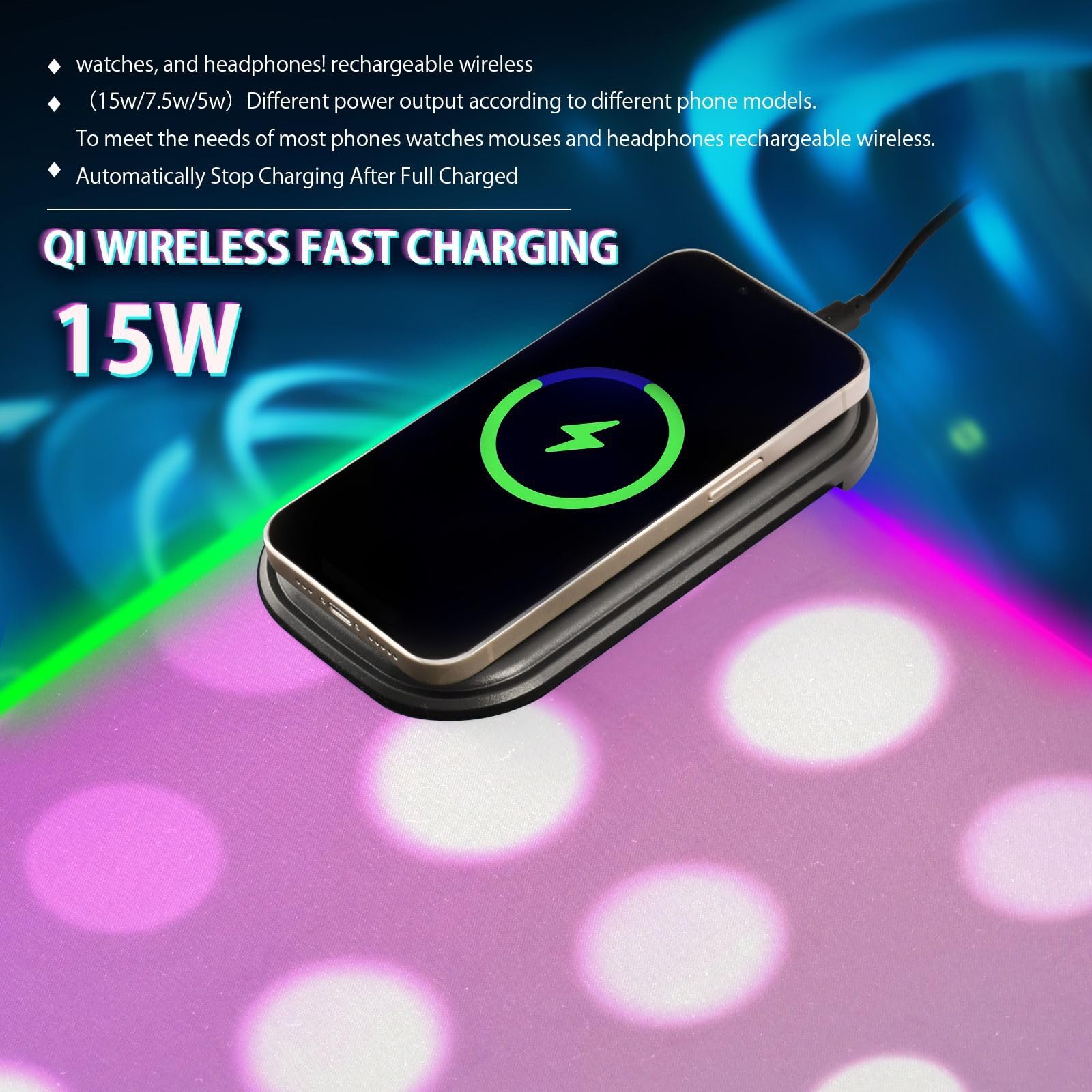 Rainbow Polka Dot Wireless Charging Mouse Pad for Mobile Phone Extra Large Gaming Mousepad with 13 Lighting Modes Computer Mat for Gaming MacBook PC Laptop Desk Office Home