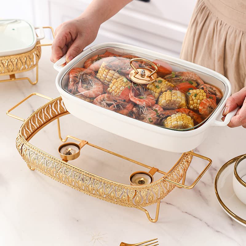 HONHPD 3 Pieces Set Gold Ceramics Chafing Dish Buffet Set, Full Size Chafers and Buffet Warmers W/Glass Lid, Underglaze Rectangle Food Warming Tray for Weddings Party(11inch, 13inch, 15inch)