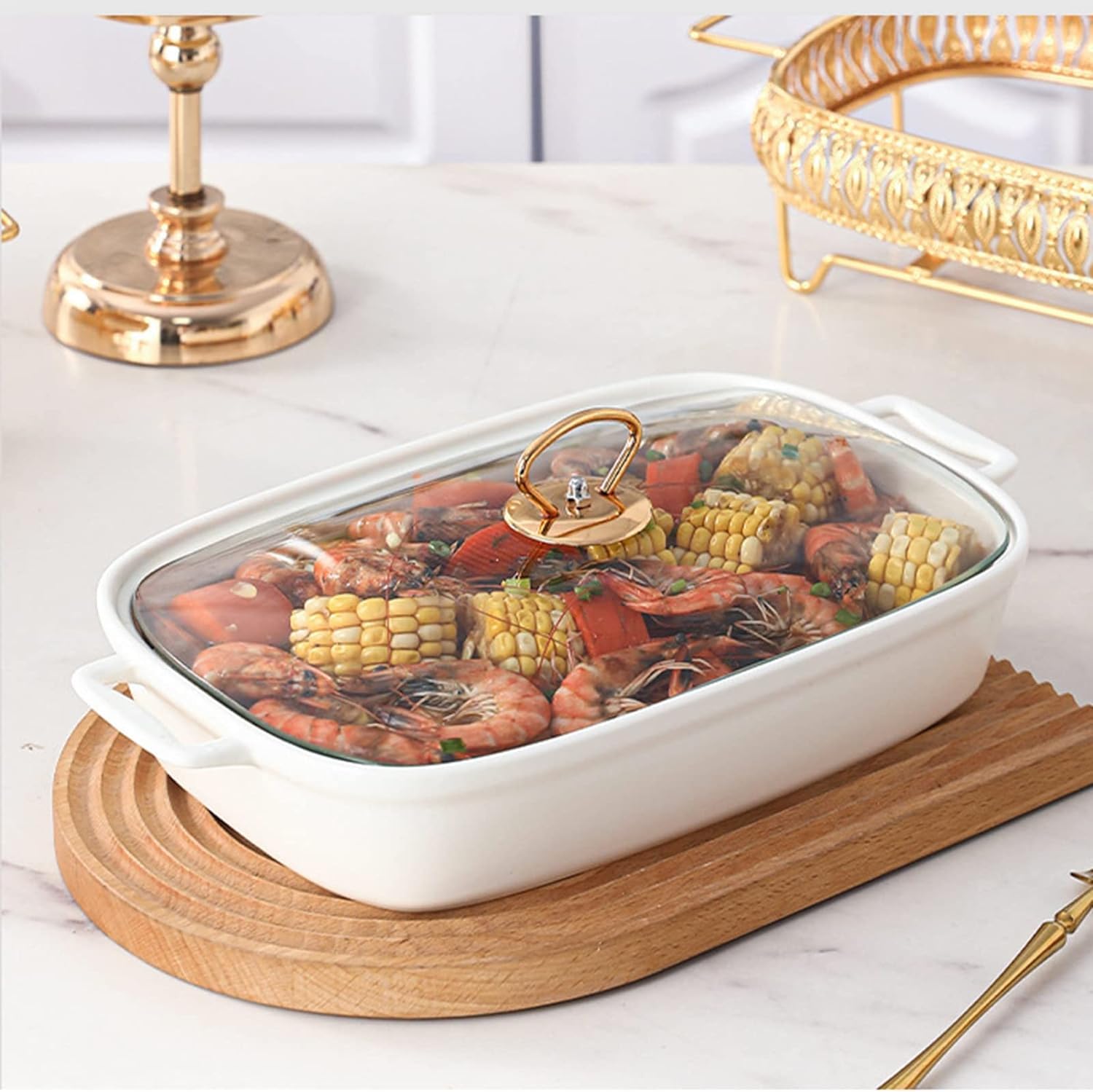HONHPD 3 Pieces Set Gold Ceramics Chafing Dish Buffet Set, Full Size Chafers and Buffet Warmers W/Glass Lid, Underglaze Rectangle Food Warming Tray for Weddings Party(11inch, 13inch, 15inch)