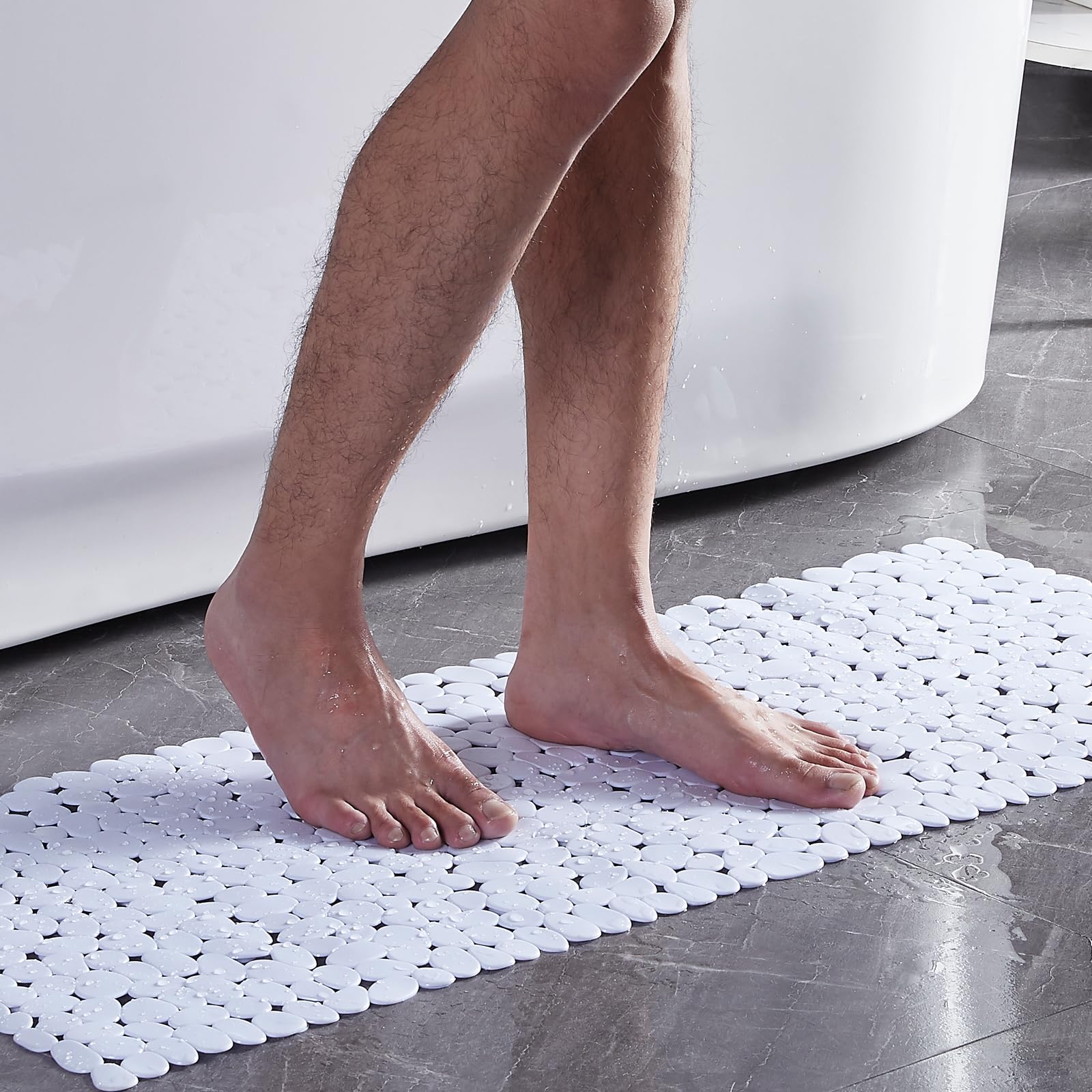 Webos Bath Shower Mat Non Slip: Extra Large Pebble Bathtub mat for Kids, Elderly, Anti Slip Shower Matt with Drain Holes Suction Cups Tub Mat - 16 X 40 Inch White