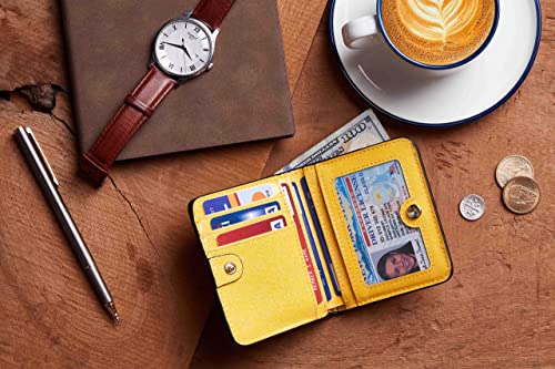 Gostwo Small Wallet for Women, Bifold Card Holder Rfid Wallet Women Genuine Leather with ID Window(Coated Yellow)