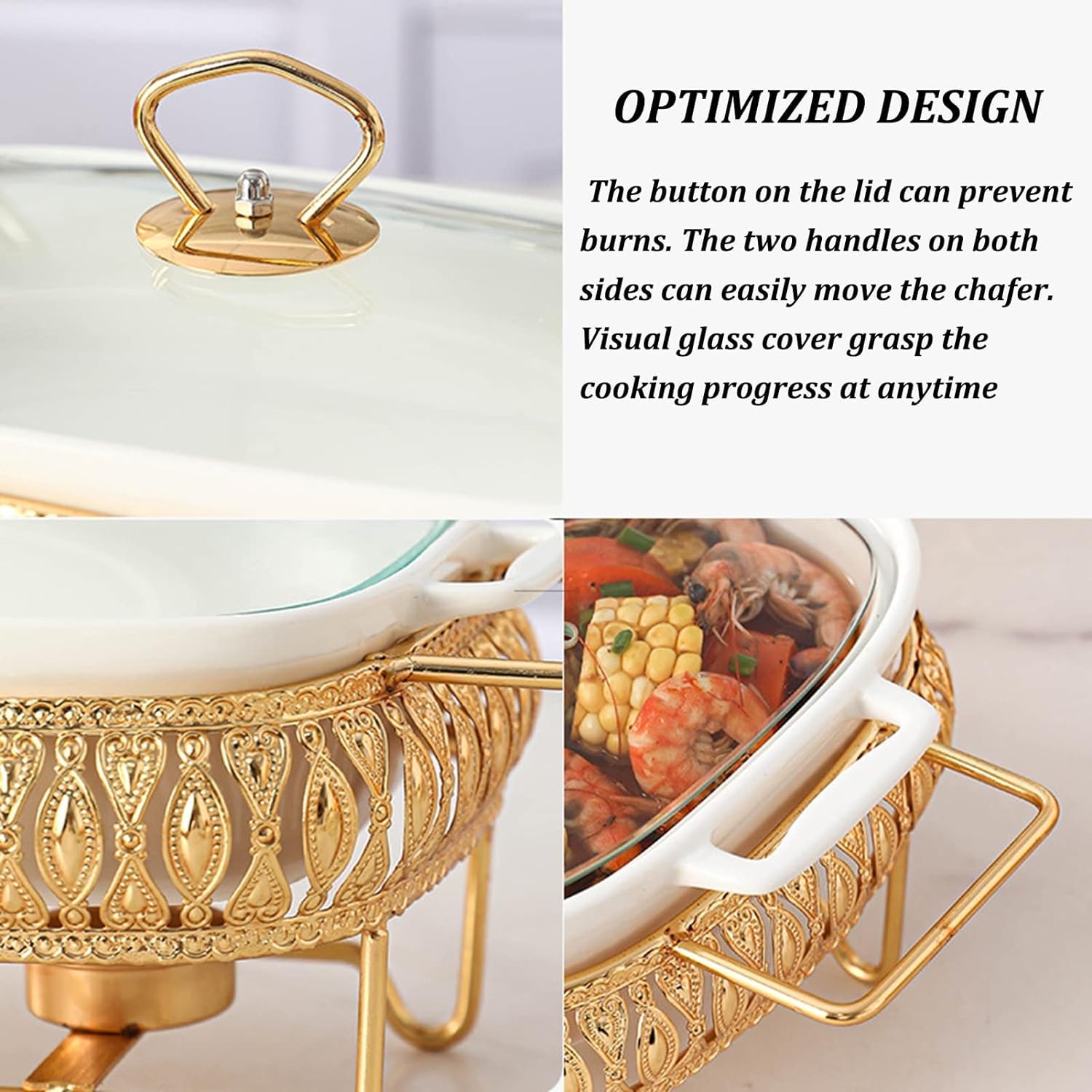 HONHPD 3 Pieces Set Gold Ceramics Chafing Dish Buffet Set, Full Size Chafers and Buffet Warmers W/Glass Lid, Underglaze Rectangle Food Warming Tray for Weddings Party(11inch, 13inch, 15inch)
