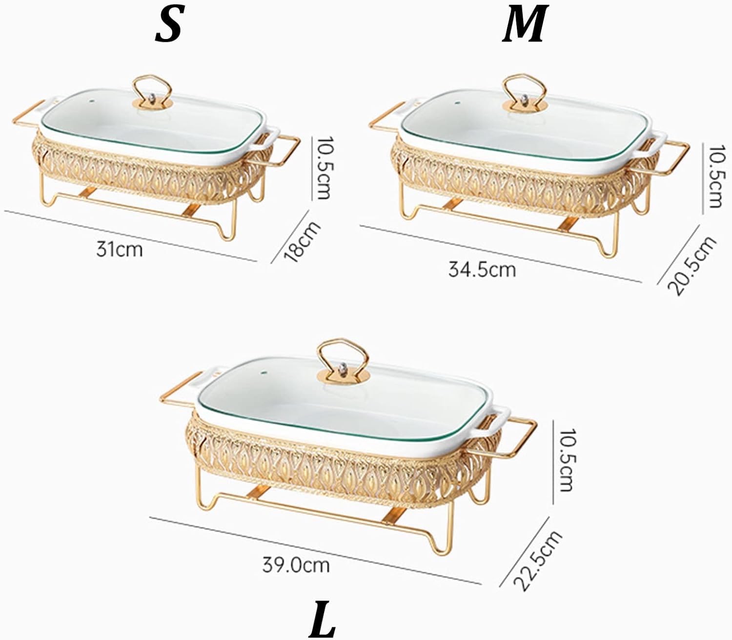 HONHPD 3 Pieces Set Gold Ceramics Chafing Dish Buffet Set, Full Size Chafers and Buffet Warmers W/Glass Lid, Underglaze Rectangle Food Warming Tray for Weddings Party(11inch, 13inch, 15inch)