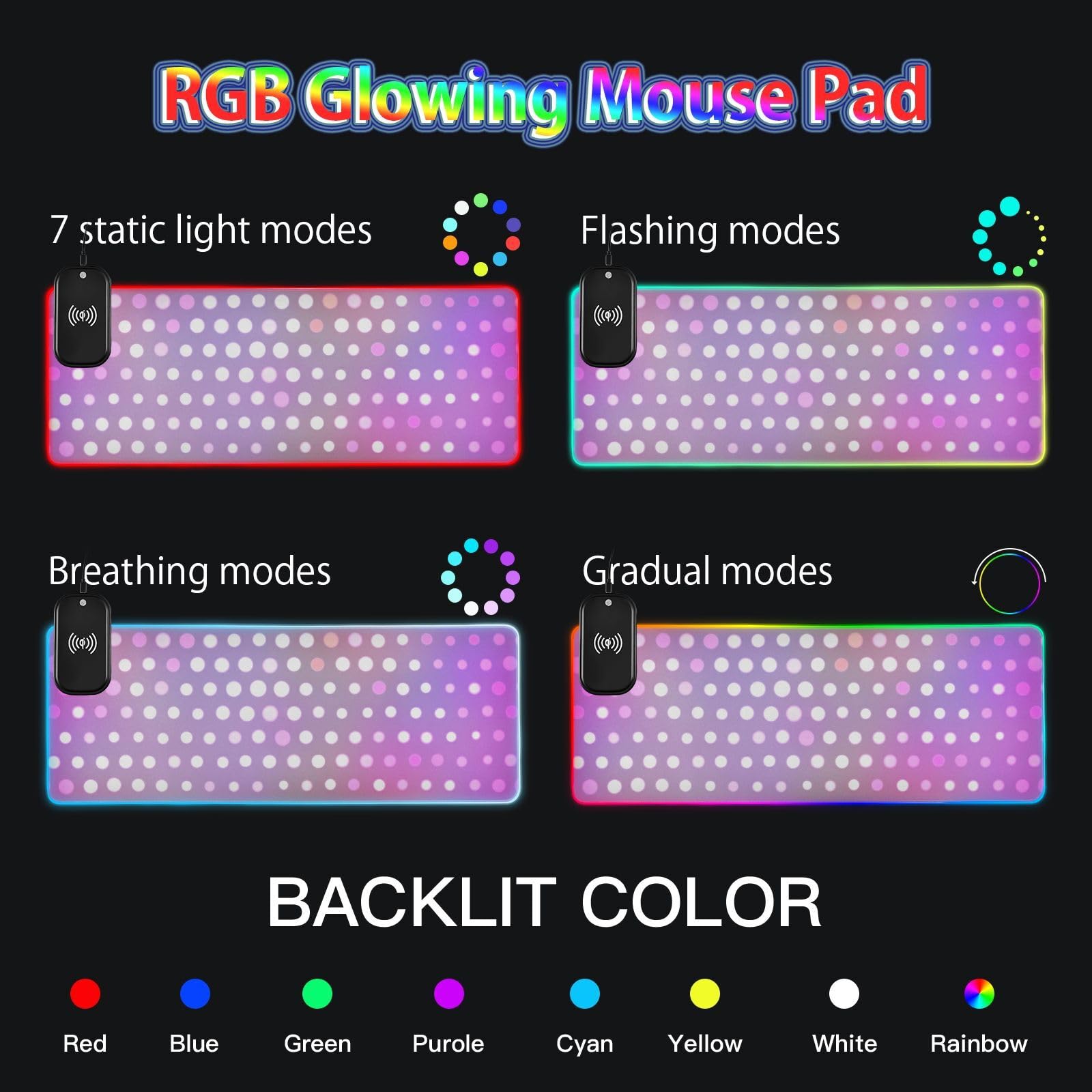 Rainbow Polka Dot Wireless Charging Mouse Pad for Mobile Phone Extra Large Gaming Mousepad with 13 Lighting Modes Computer Mat for Gaming MacBook PC Laptop Desk Office Home