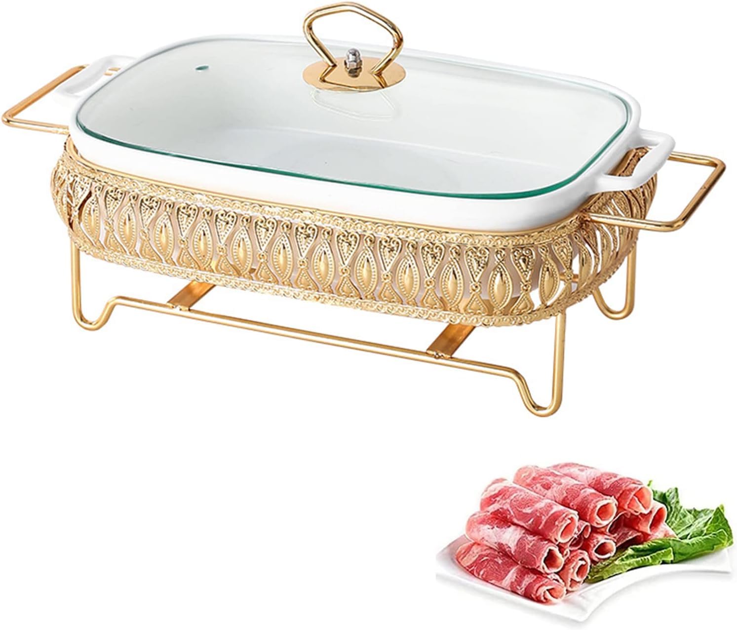 HONHPD 3 Pieces Set Gold Ceramics Chafing Dish Buffet Set, Full Size Chafers and Buffet Warmers W/Glass Lid, Underglaze Rectangle Food Warming Tray for Weddings Party(11inch, 13inch, 15inch)