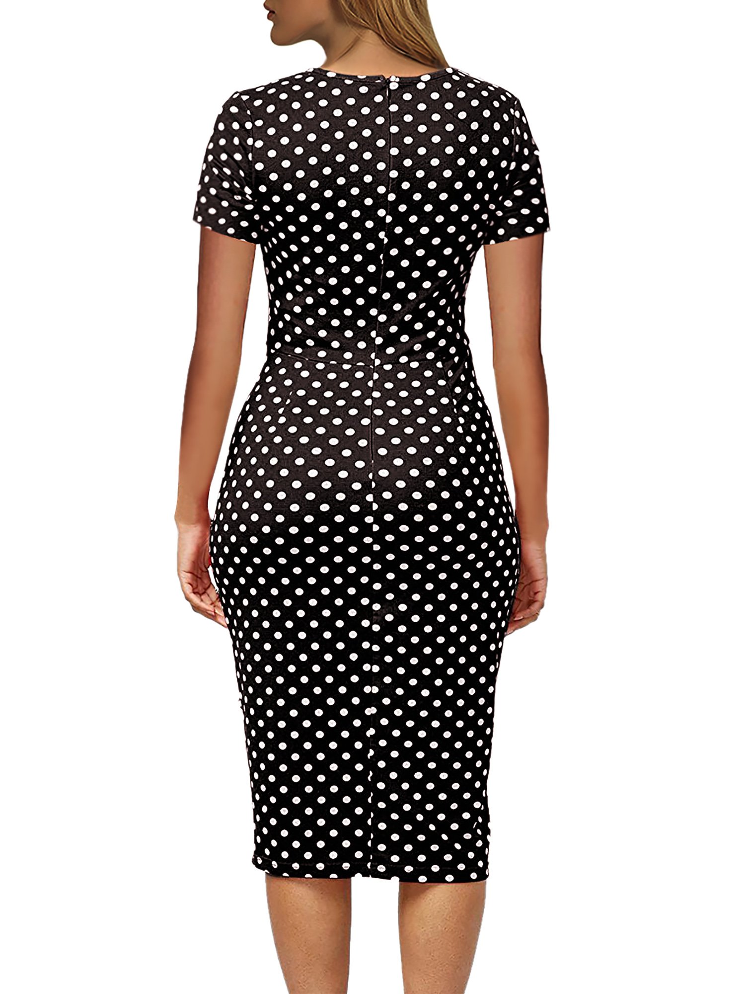 CISMARK Women's Casual Polka Dot Short Sleeve Round Neck Work Pencil Dress Black L