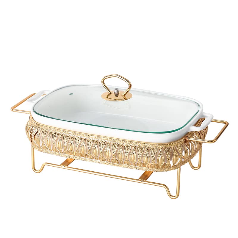 HONHPD 3 Pieces Set Gold Ceramics Chafing Dish Buffet Set, Full Size Chafers and Buffet Warmers W/Glass Lid, Underglaze Rectangle Food Warming Tray for Weddings Party(11inch, 13inch, 15inch)