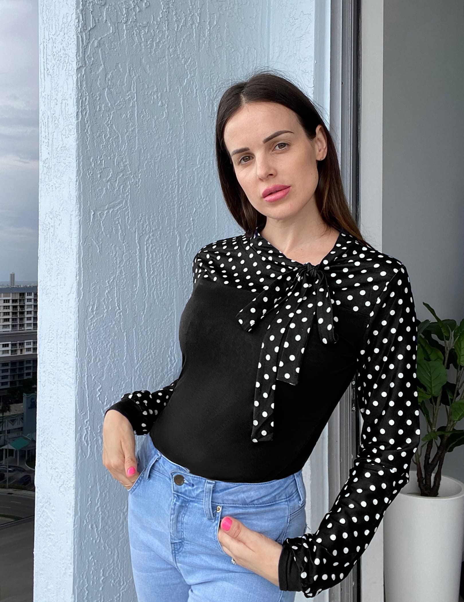 Zeagoo Womens Blouses Sexy Work Tops Bow Tie Blouse Shirt Office, Black Polka Dot, Medium, Lantern Sleeve