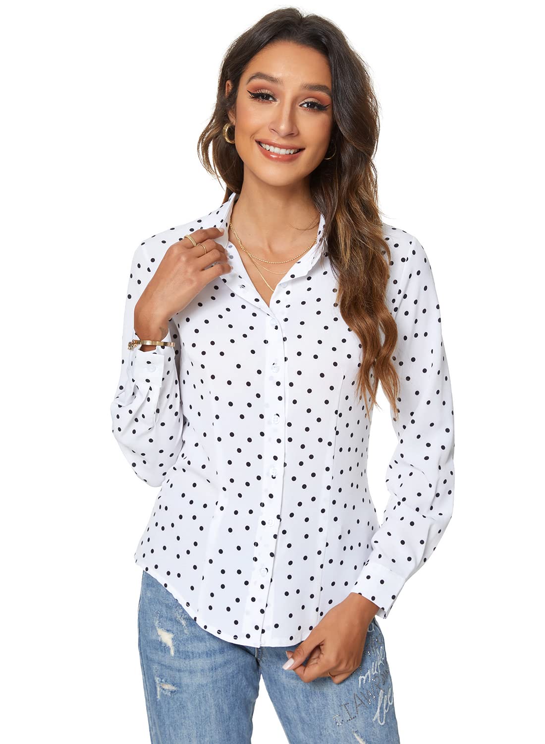 Atnlewhi Women Basic Long Sleeve Button Down Shirts Simple Pullover, Polka Dot/White, M