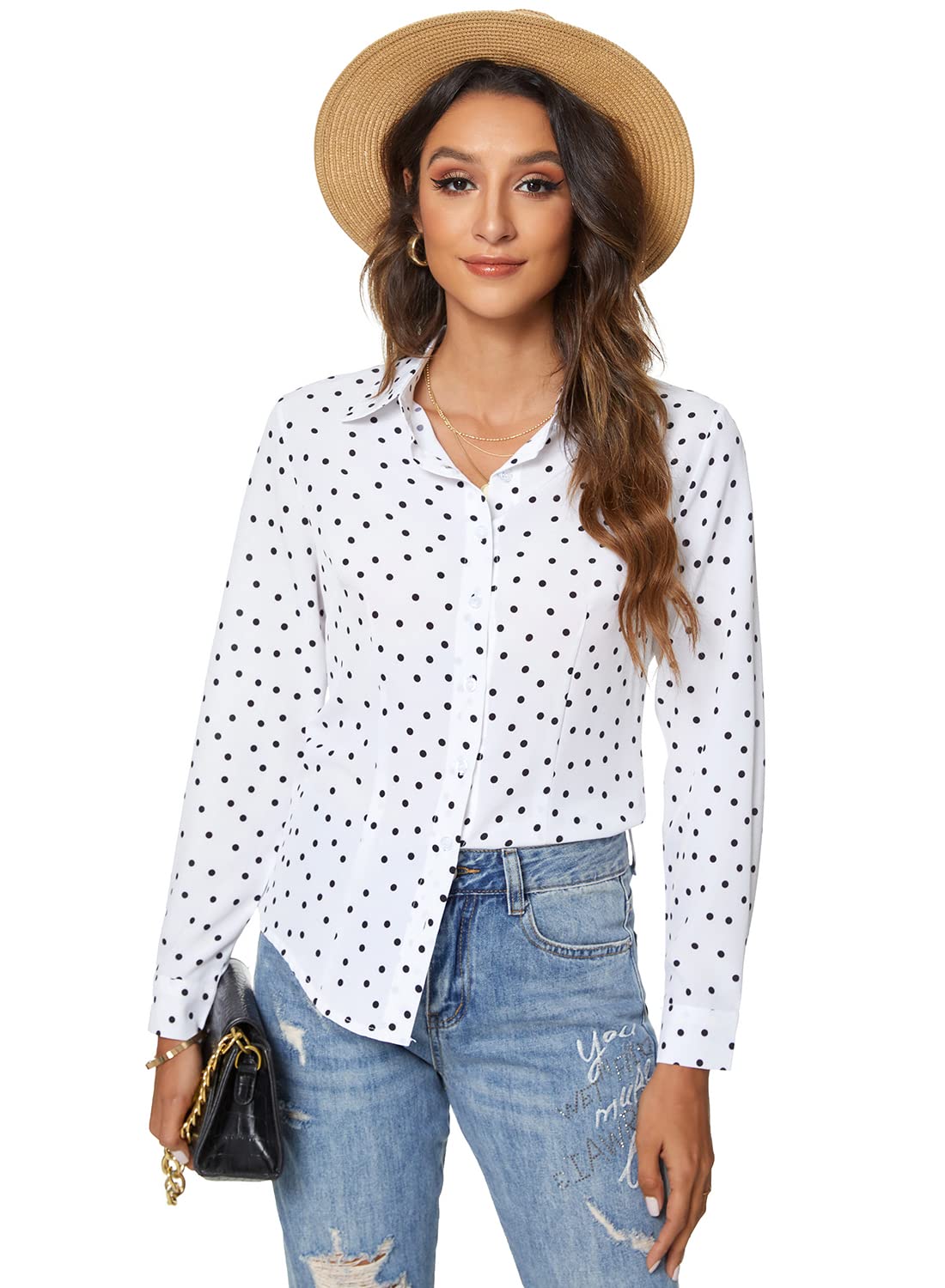 Atnlewhi Women Basic Long Sleeve Button Down Shirts Simple Pullover, Polka Dot/White, M