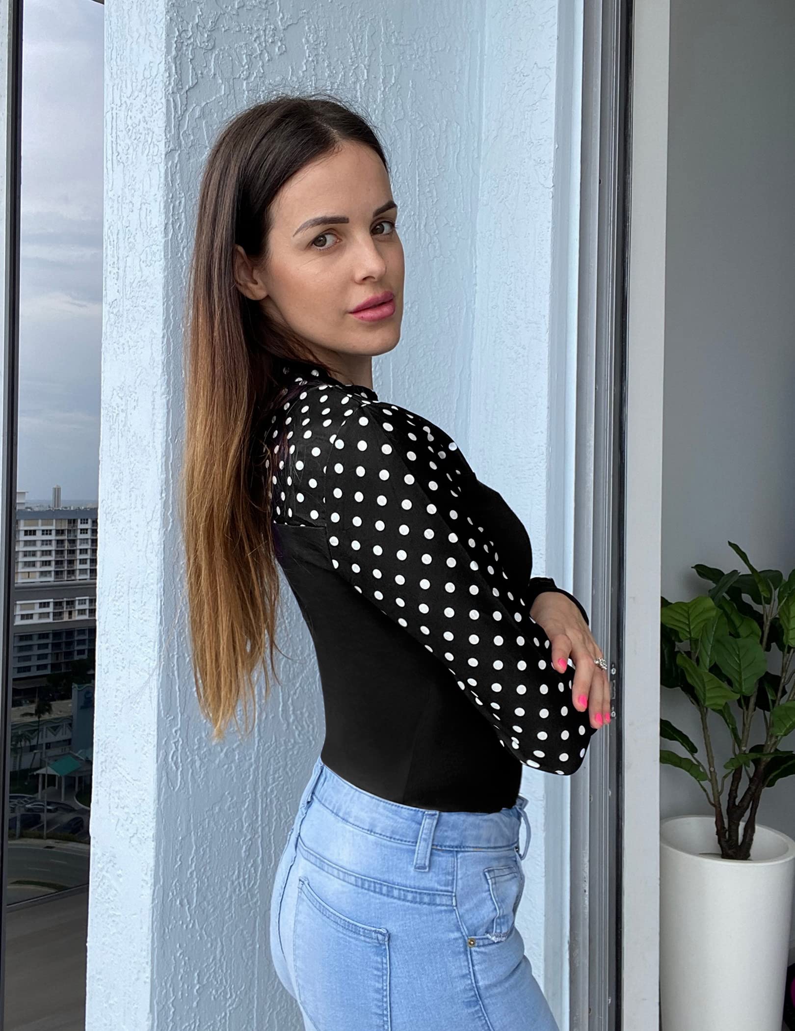 Zeagoo Womens Blouses Sexy Work Tops Bow Tie Blouse Shirt Office, Black Polka Dot, Medium, Lantern Sleeve