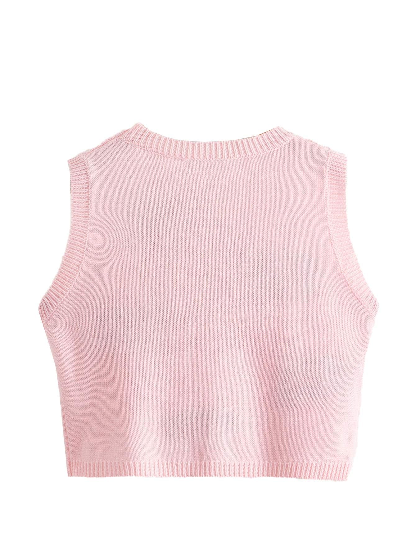 Floerns Women's Sleeveless Round Neck Cute Strawberry Sweater Vest Crop Shirt Top Pink S