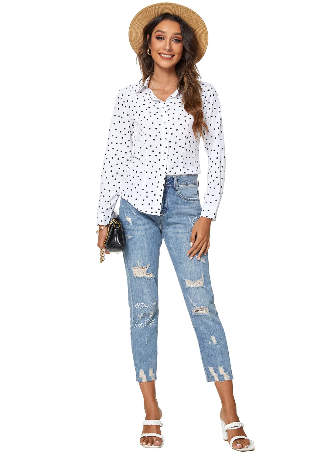 Atnlewhi Women Basic Long Sleeve Button Down Shirts Simple Pullover, Polka Dot/White, M