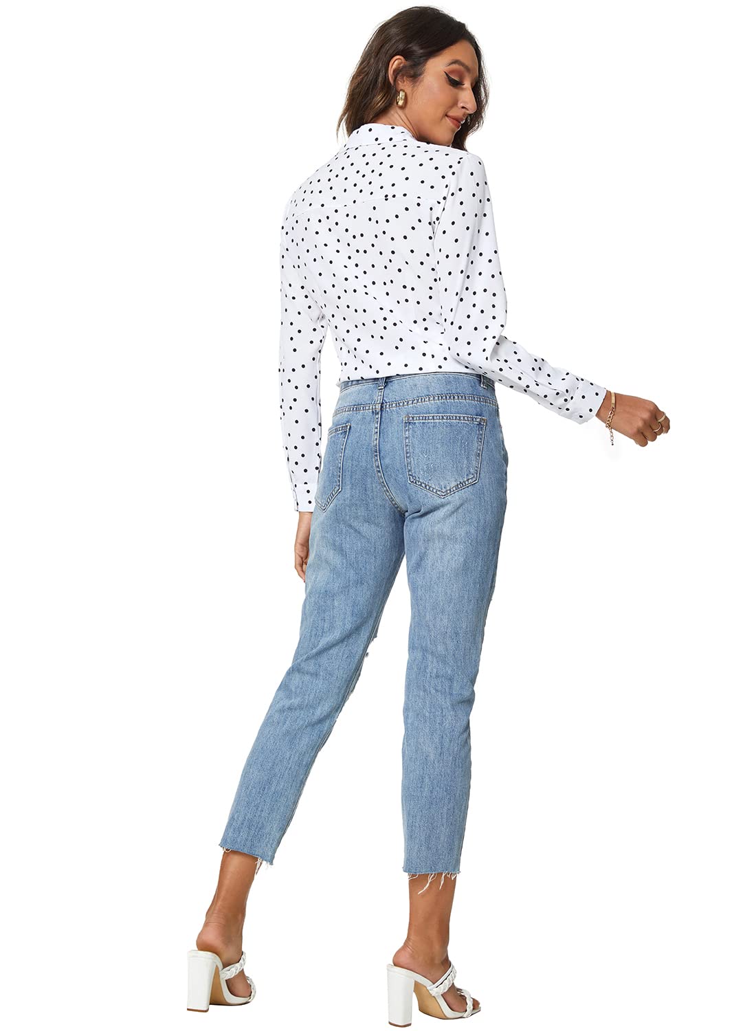 Atnlewhi Women Basic Long Sleeve Button Down Shirts Simple Pullover, Polka Dot/White, M