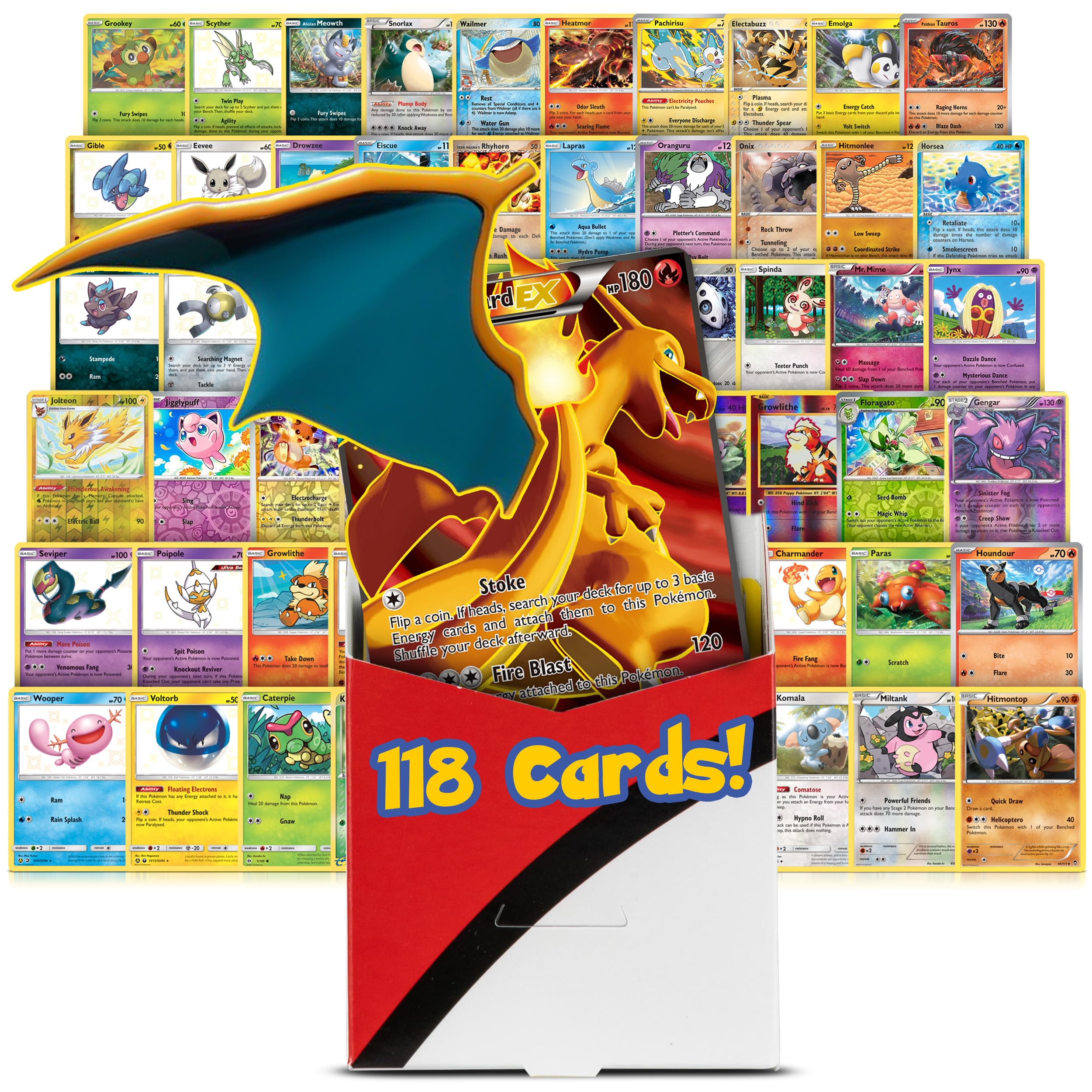 Ultra Rare PKMN Cards Mega Pack - 10 Holo, 5 Rare, 3 Ultra Rare, 100 Assorted Cards with Deck Box - No Duplicates - Special Edition | Surprise Your Friends & Boost Your Trading Skills - 118 Pack
