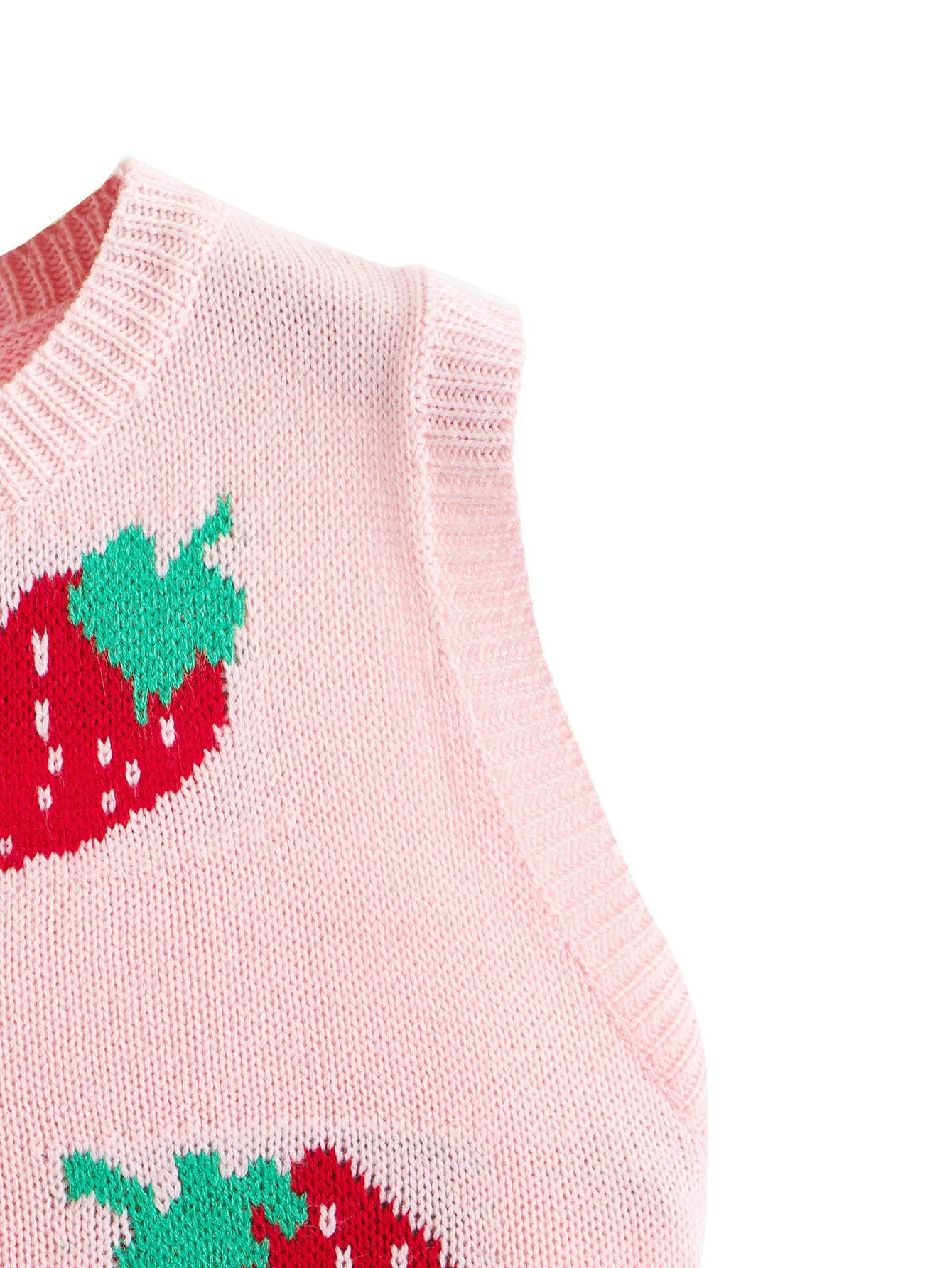 Floerns Women's Sleeveless Round Neck Cute Strawberry Sweater Vest Crop Shirt Top Pink S
