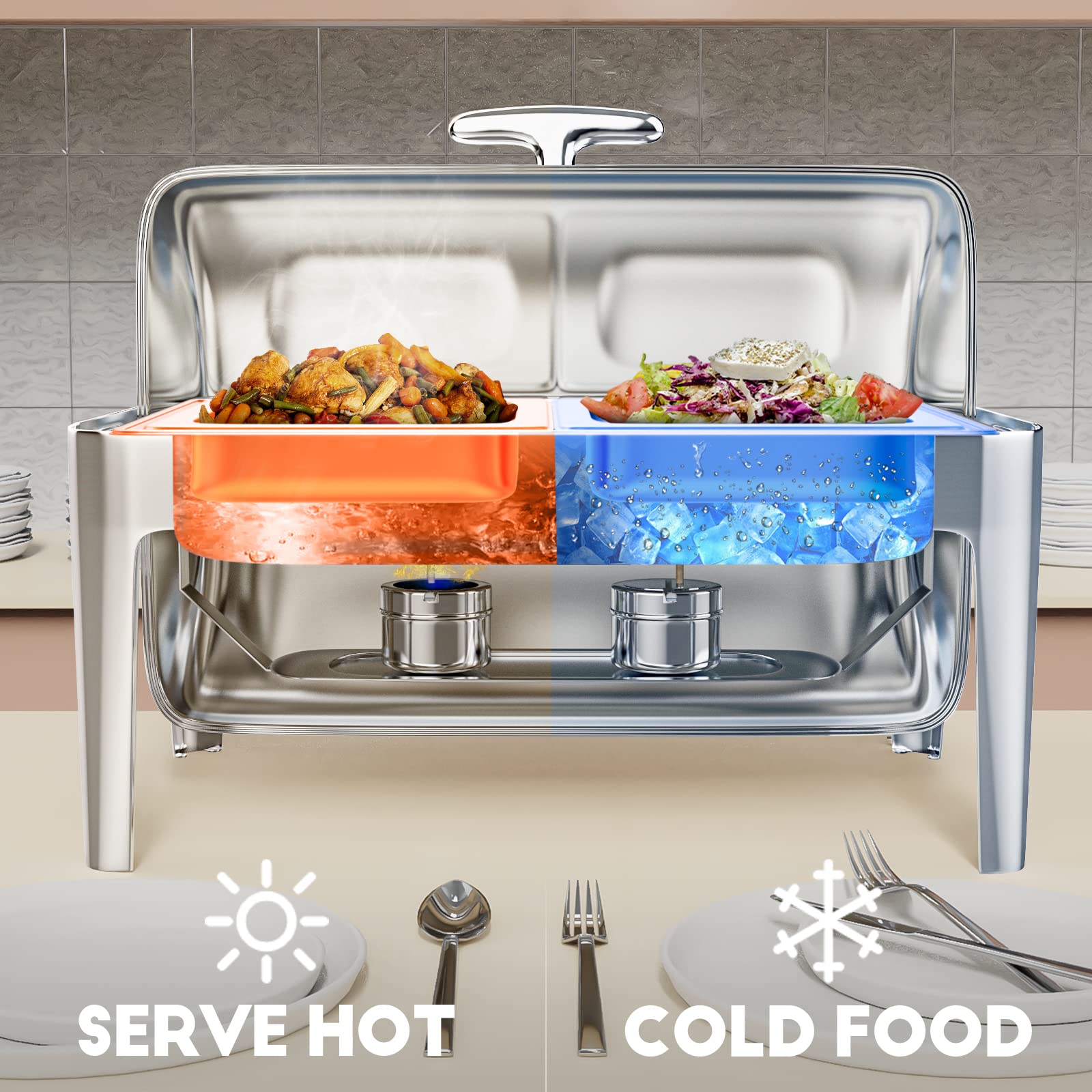 PYY Roll Top Chafing Dish Buffet Set with Stainless Steel Cover Commercial Chafer Chafers for Catering Rolling Buffet Servers and Warmers (2 Half-Size)