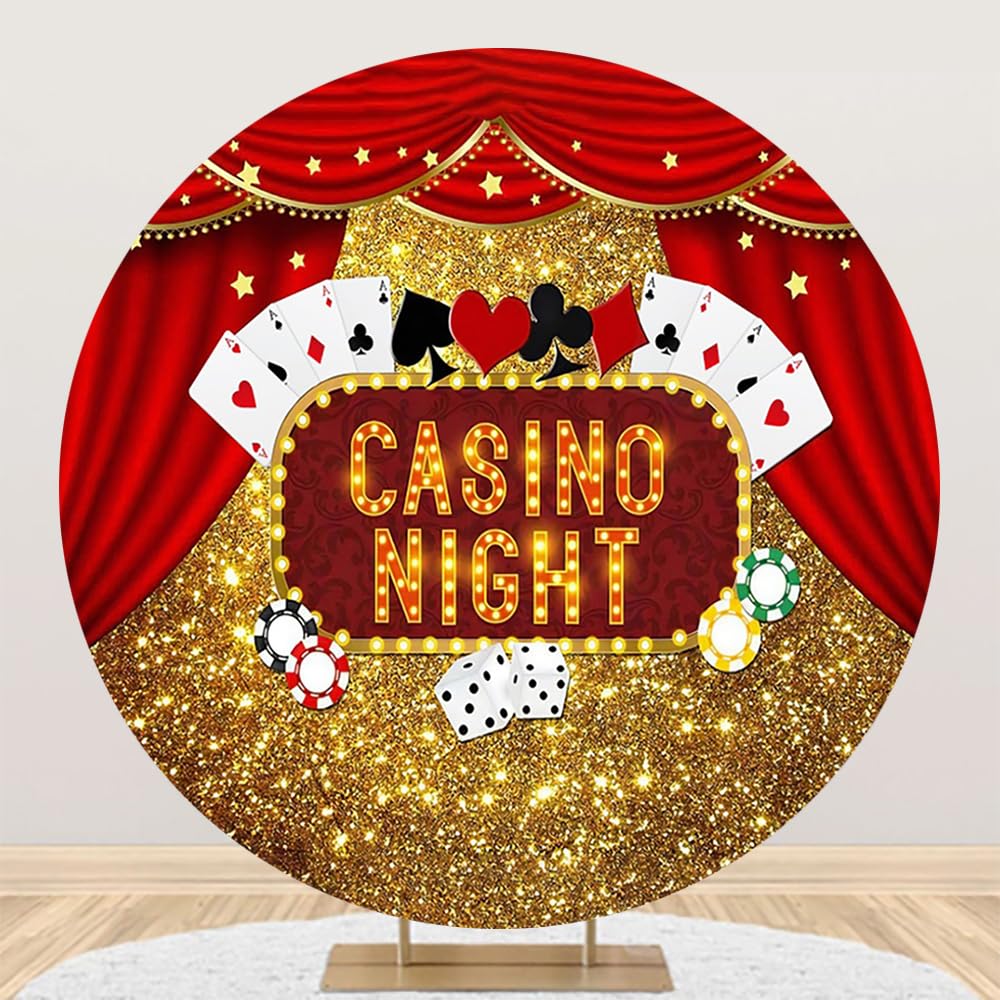 Renaiss 3x3ft Casino Night Round Backdrop Cover Las Vegas Gold Glittering Circle Photography Background Poker Dice Red Curtains Dress-Up Prom Casino Birthday Party Decors Arch Photo Booth Props