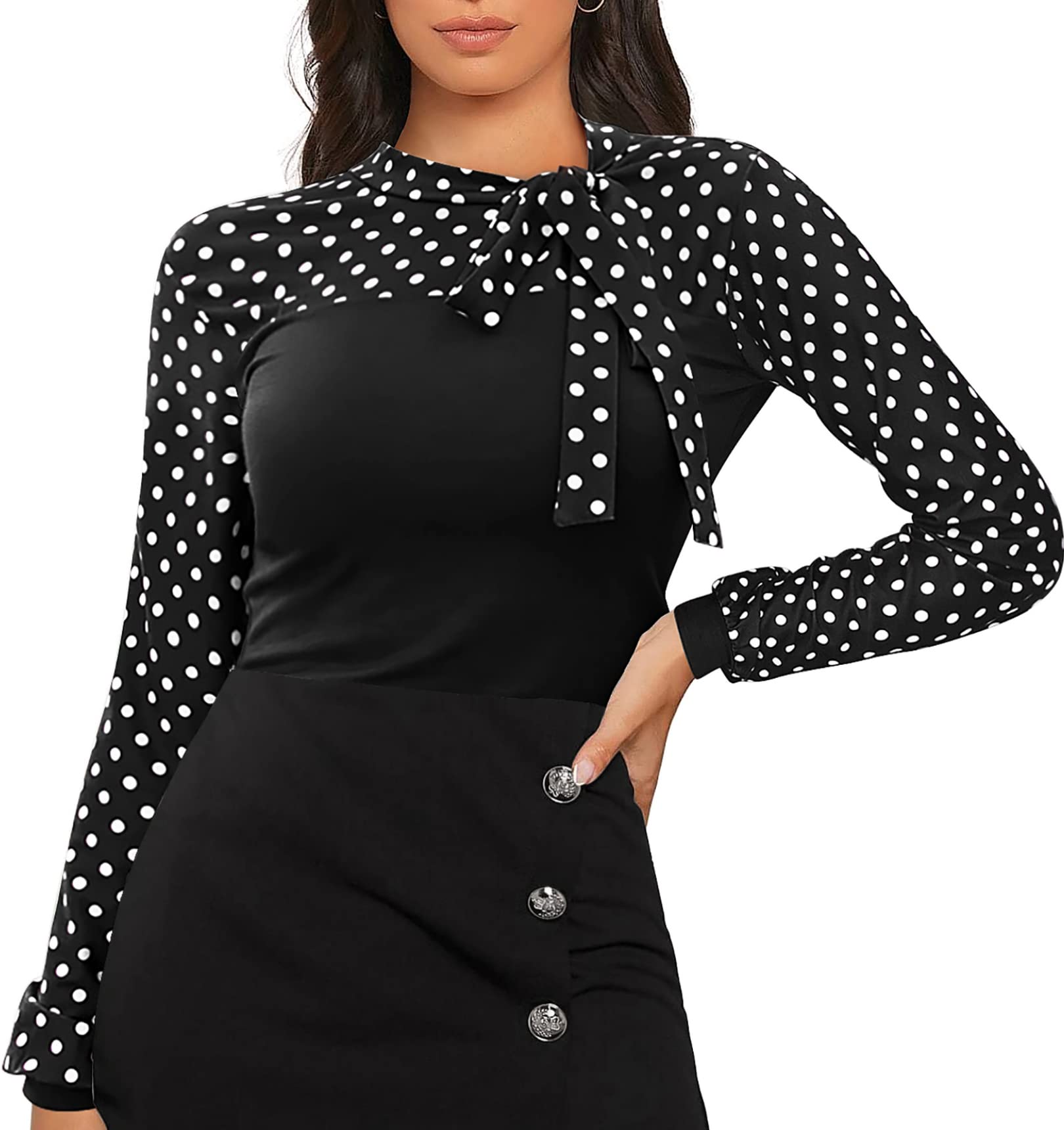 Zeagoo Womens Blouses Sexy Work Tops Bow Tie Blouse Shirt Office, Black Polka Dot, Medium, Lantern Sleeve