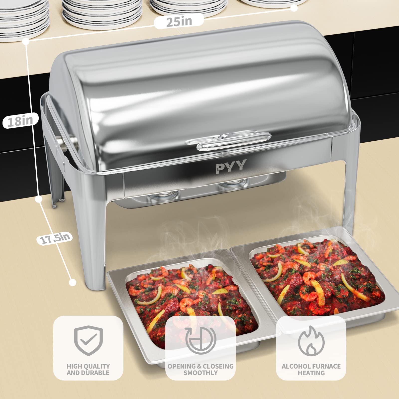 PYY Roll Top Chafing Dish Buffet Set with Stainless Steel Cover Commercial Chafer Chafers for Catering Rolling Buffet Servers and Warmers (2 Half-Size)