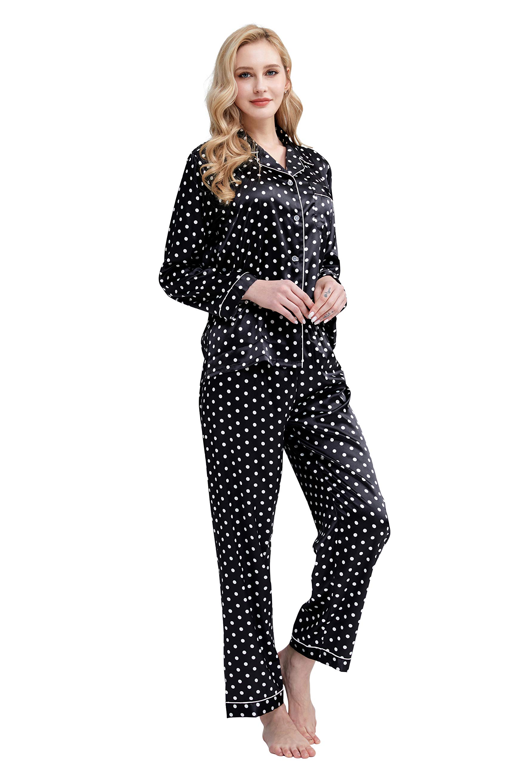 Women's Classic Satin Pajama Set Sleepwear Loungewear (Black and White Polka Dot, Large)
