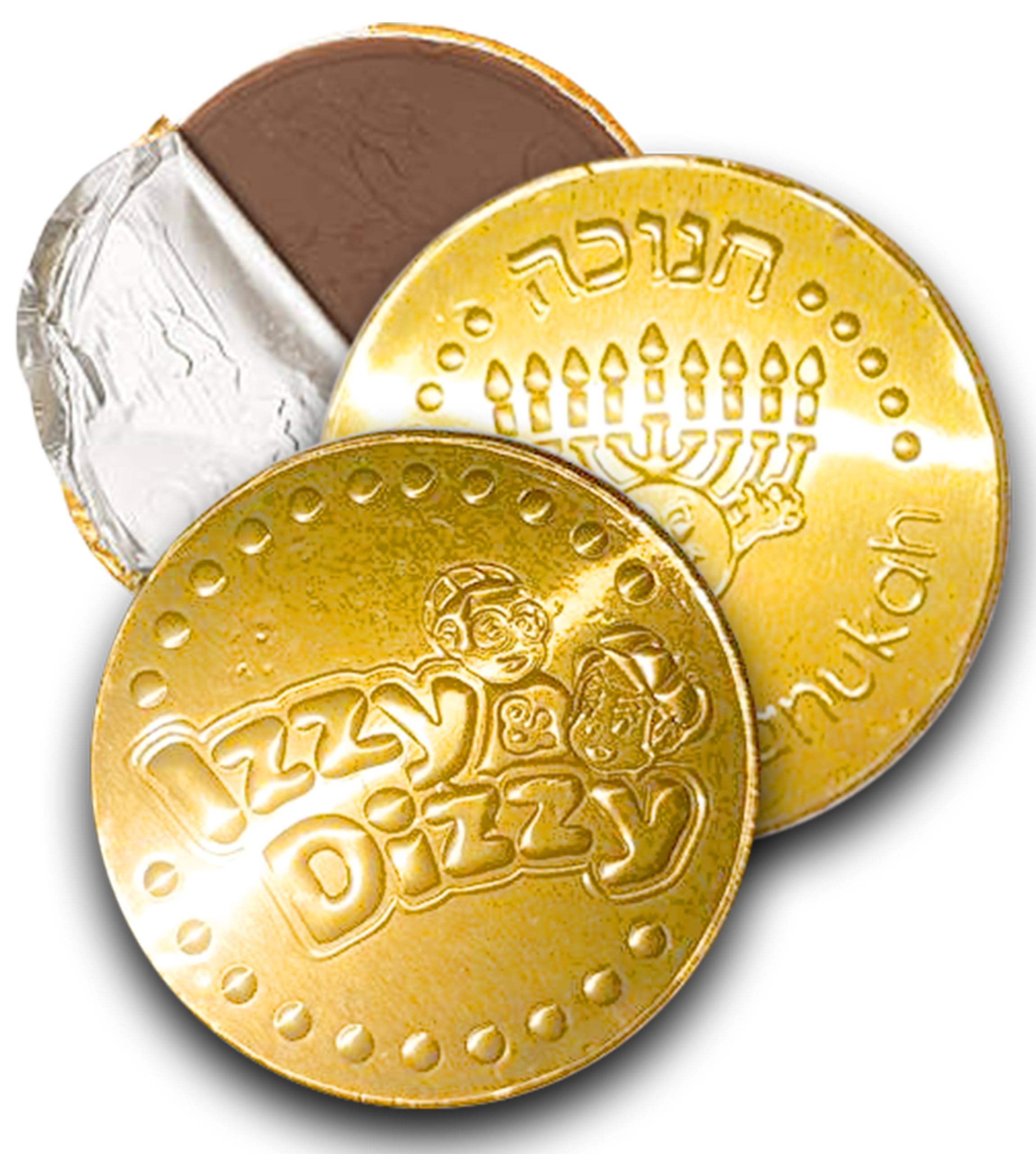 Izzy 'n' Dizzy Hanukkah Gelt Coins Chocolate, Kosher Milk Chocolate Coins Nut Free (Dairy), Filled with Menorah Embossed Hanukkah Gelt Coins (12 Mesh Bags)