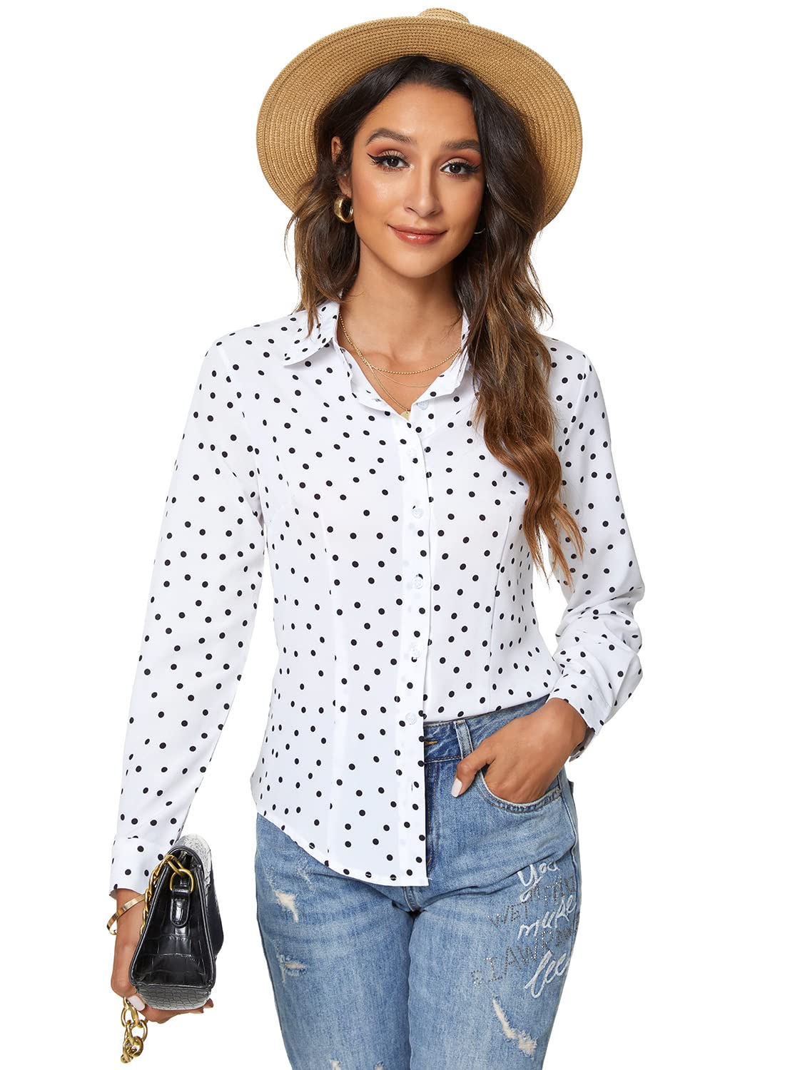 Atnlewhi Women Basic Long Sleeve Button Down Shirts Simple Pullover, Polka Dot/White, M