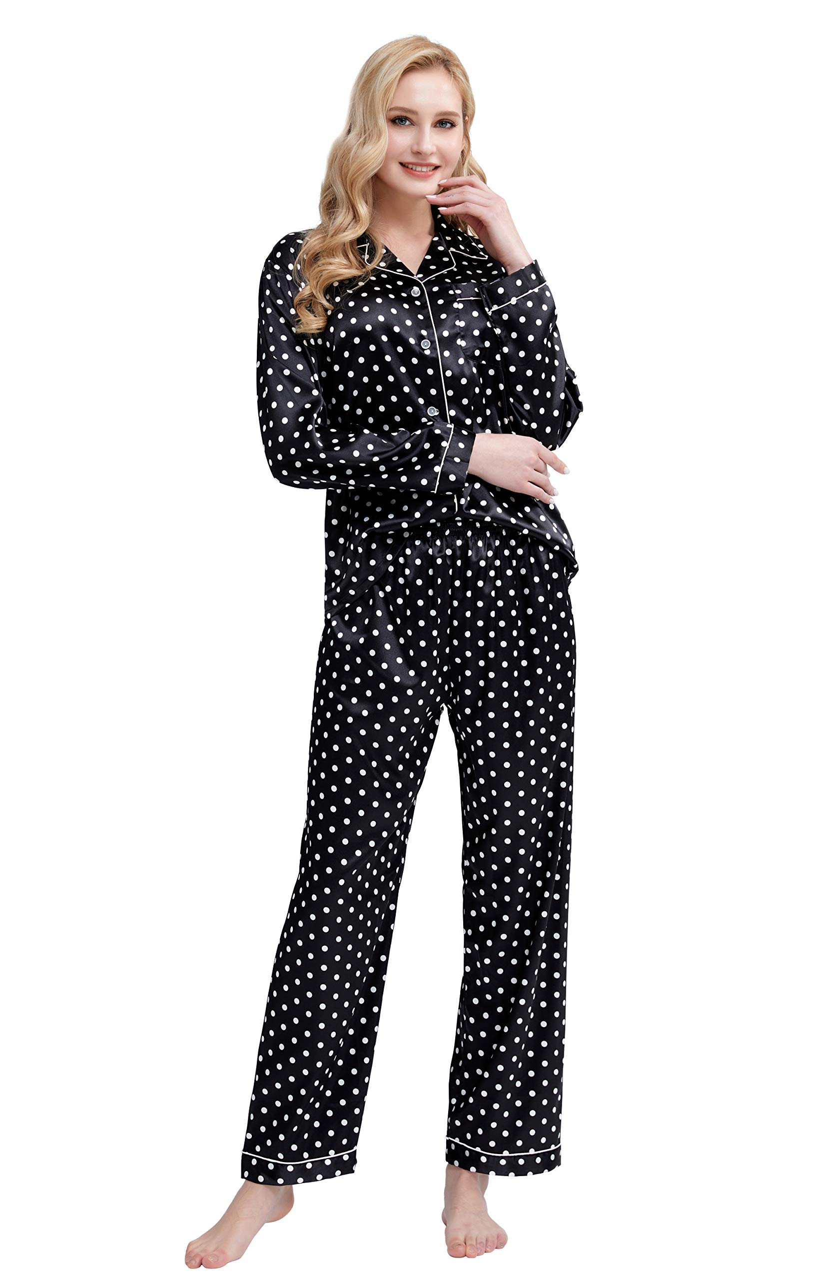 Women's Classic Satin Pajama Set Sleepwear Loungewear (Black and White Polka Dot, Large)