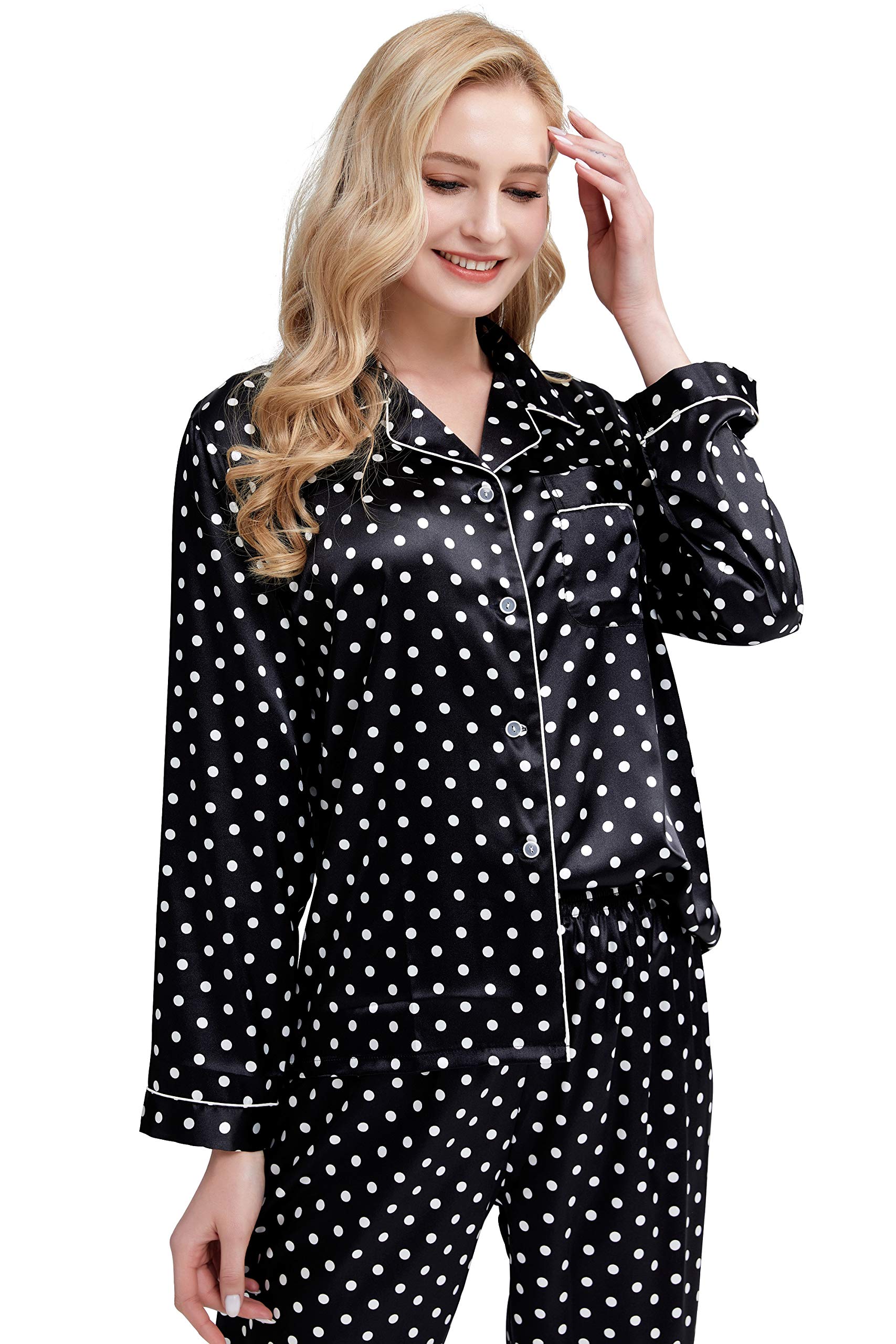 Women's Classic Satin Pajama Set Sleepwear Loungewear (Black and White Polka Dot, Large)