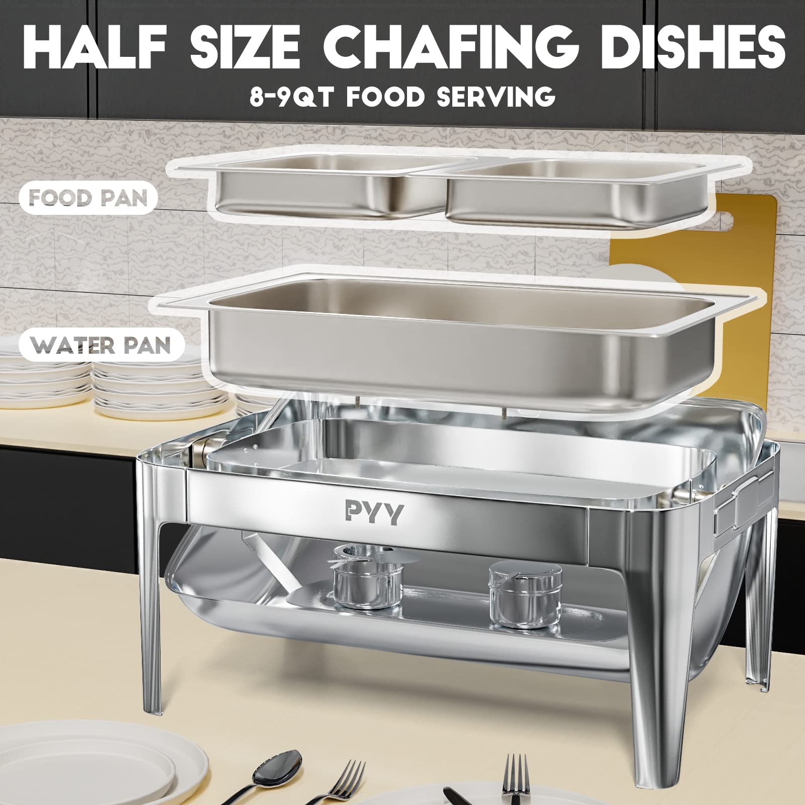 PYY Roll Top Chafing Dish Buffet Set with Stainless Steel Cover Commercial Chafer Chafers for Catering Rolling Buffet Servers and Warmers (2 Half-Size)