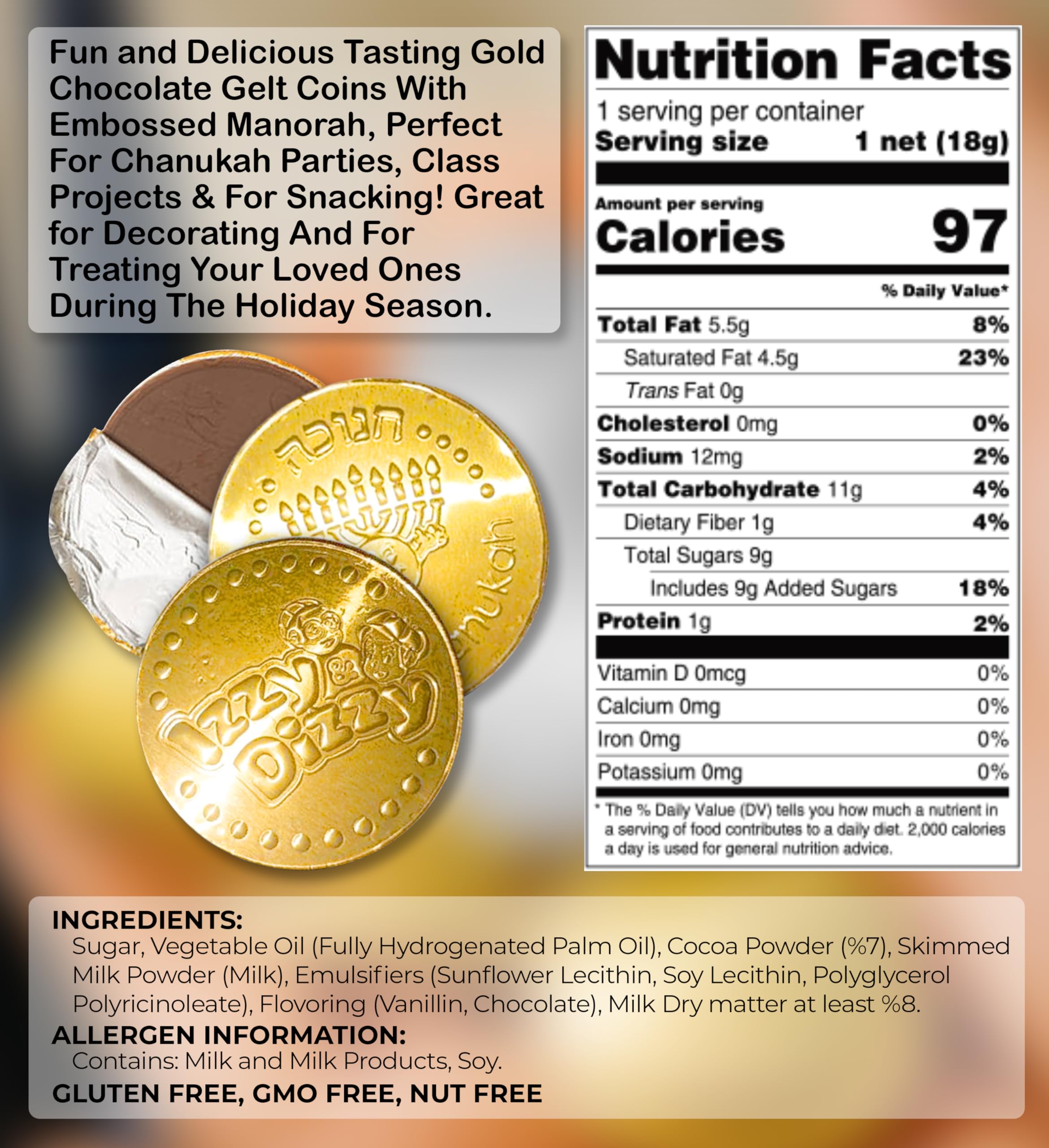 Izzy 'n' Dizzy Hanukkah Gelt Coins Chocolate, Kosher Milk Chocolate Coins Nut Free (Dairy), Filled with Menorah Embossed Hanukkah Gelt Coins (12 Mesh Bags)