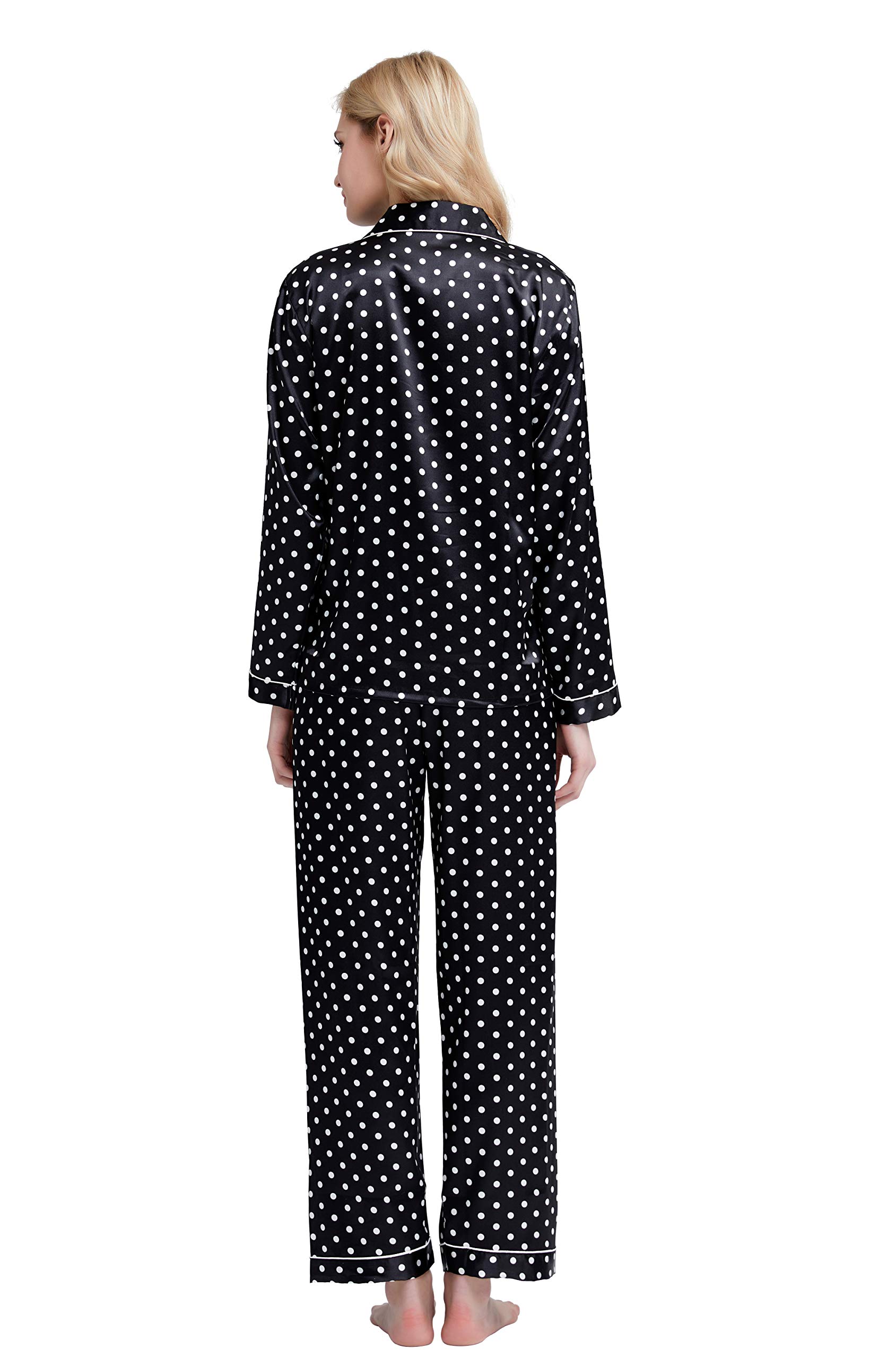Women's Classic Satin Pajama Set Sleepwear Loungewear (Black and White Polka Dot, Large)