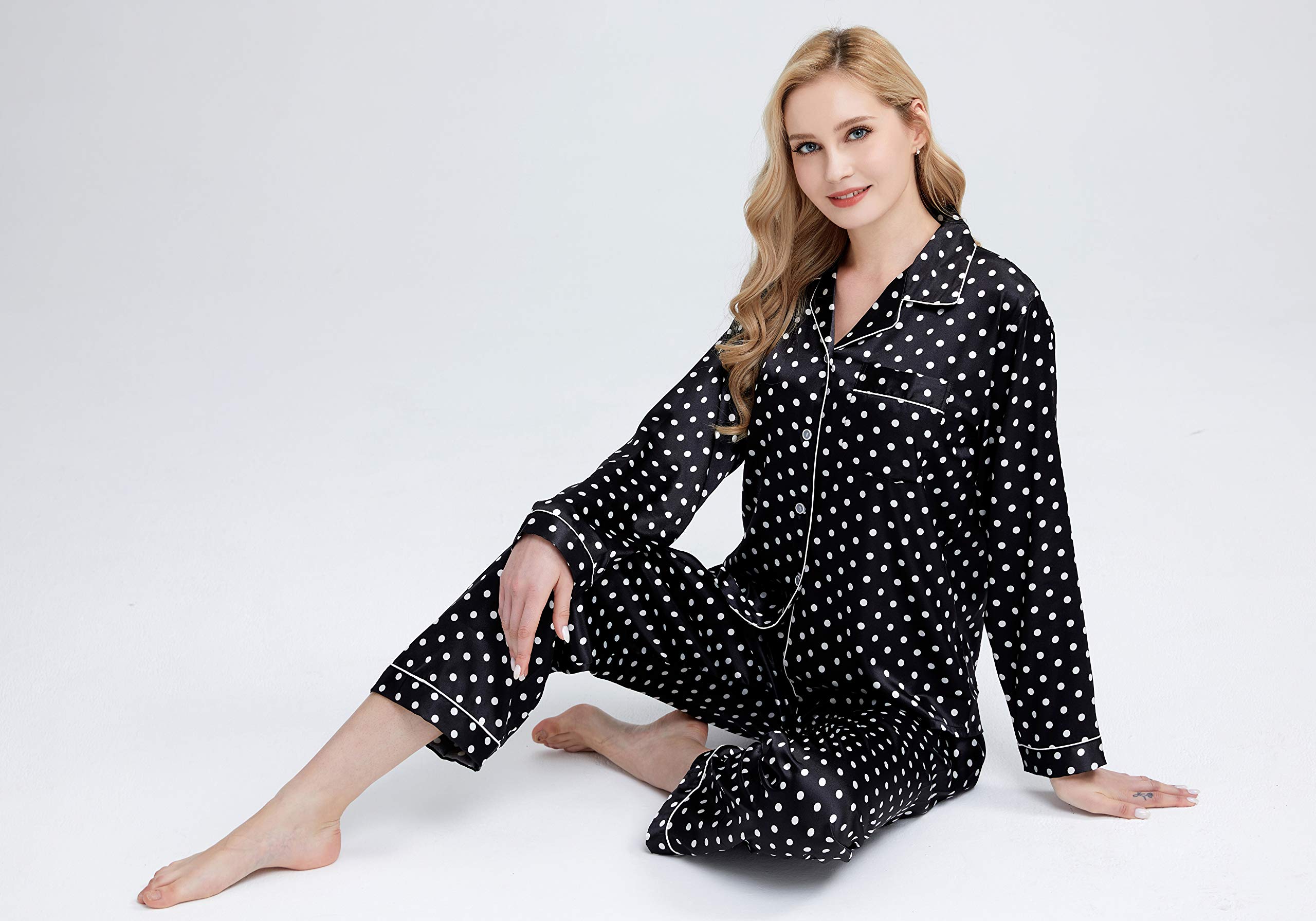 Women's Classic Satin Pajama Set Sleepwear Loungewear (Black and White Polka Dot, Large)